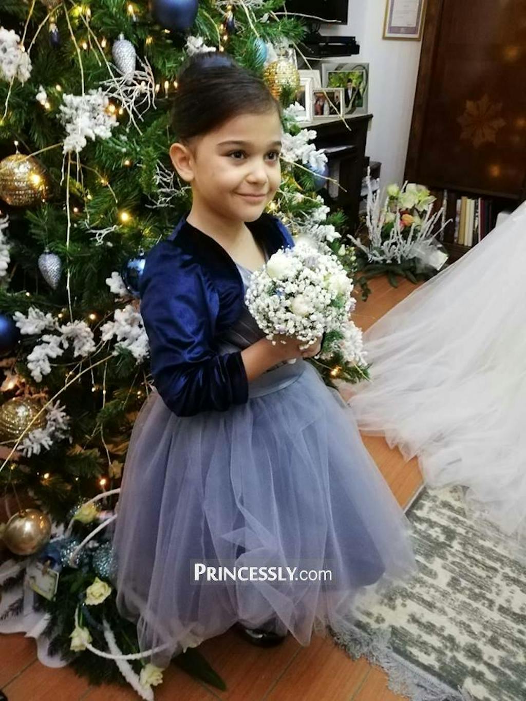Princess Gray Satin Tulle V Neckline Wedding Flower Girl Dress, Belt ...
