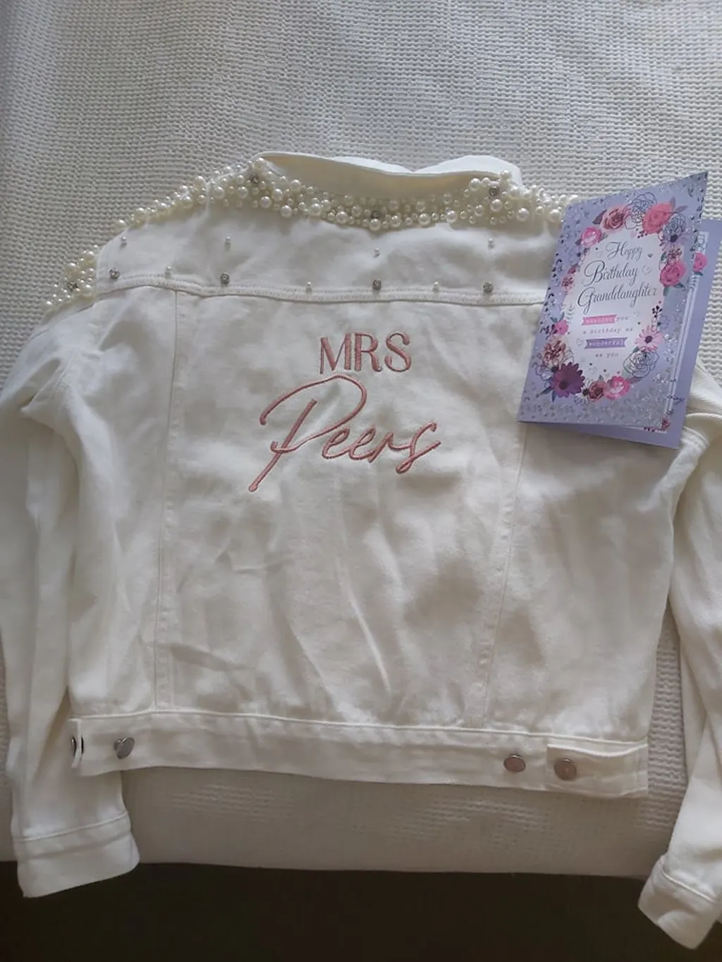 White Customised Pearl Denim Jacket | Miss Poppy Design