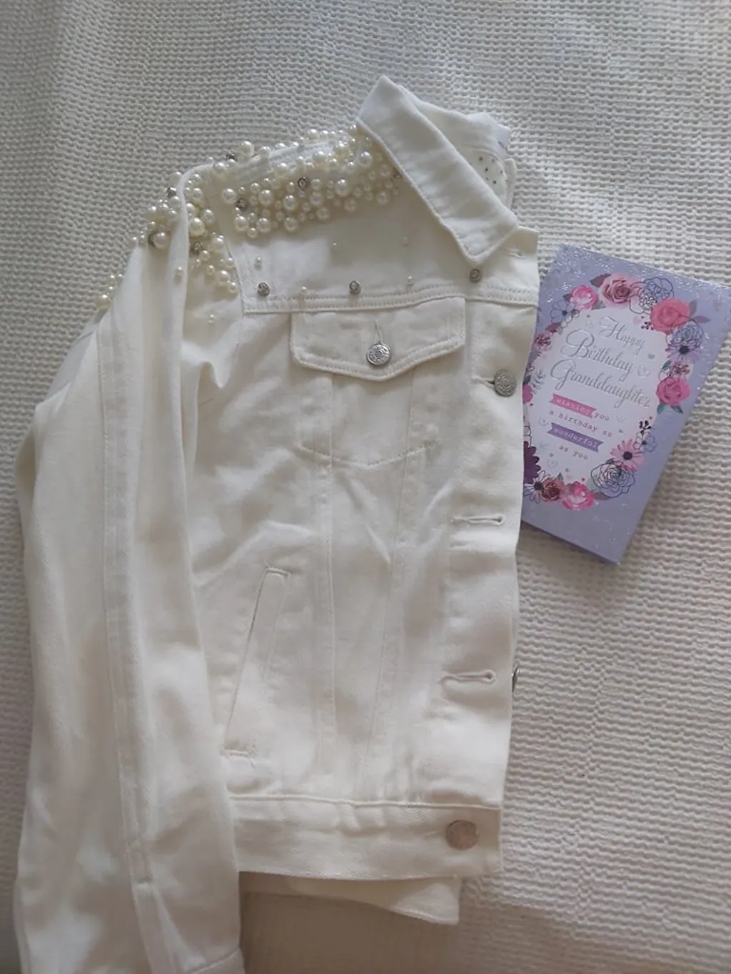 White Customised Pearl Denim Jacket | Miss Poppy Design