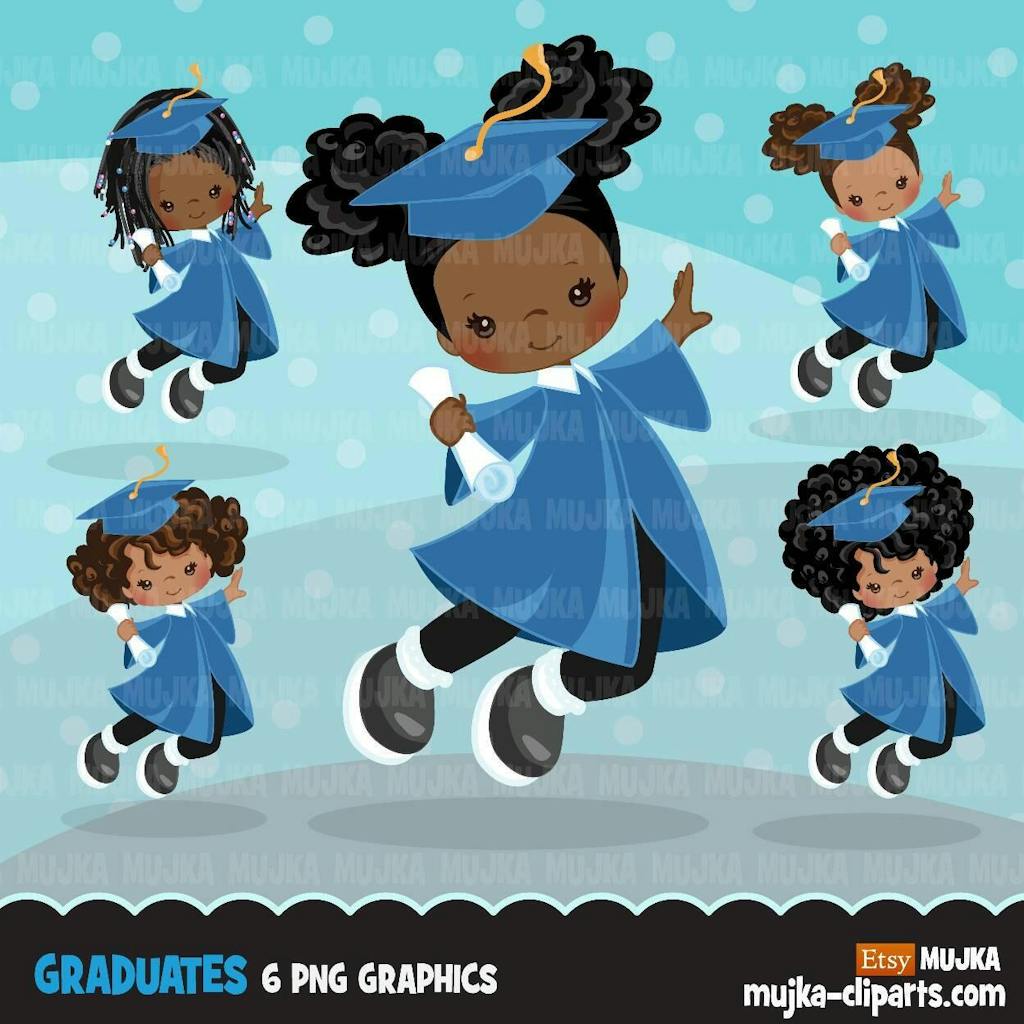 Graduation Clipart, graduate black girls with blue gown, cape and scro ...