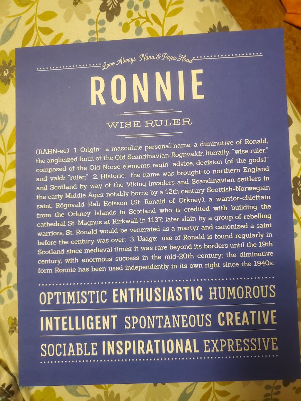 Ronnie (male) | Name Art Print