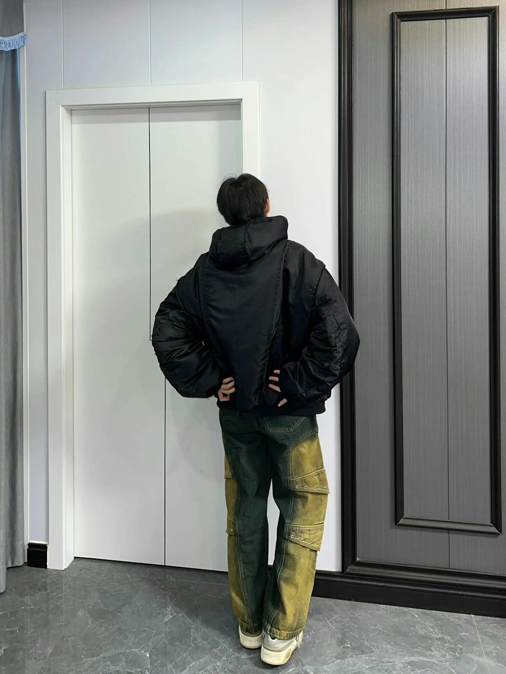 Oversized Frayed Bomber Flight Jacket with Contrast Lining