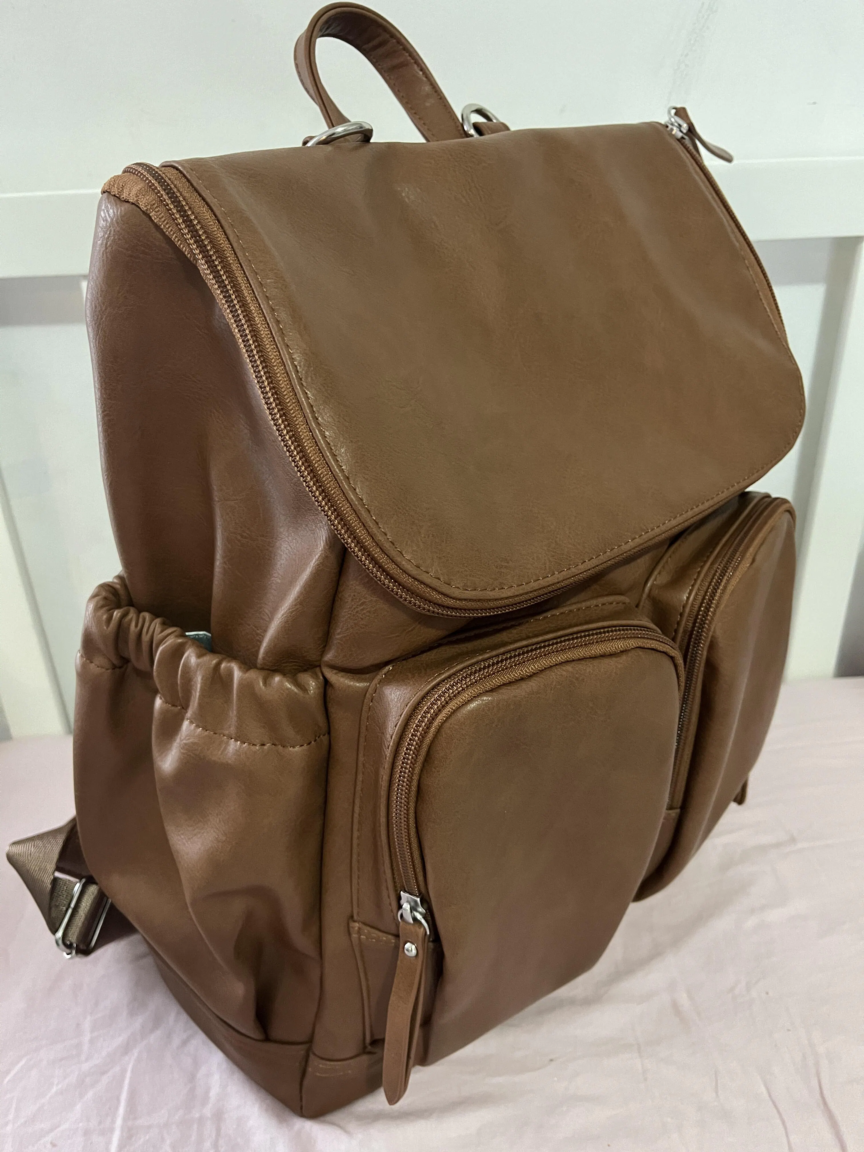 Tan Faux Leather Nappy Backpack — OiOi