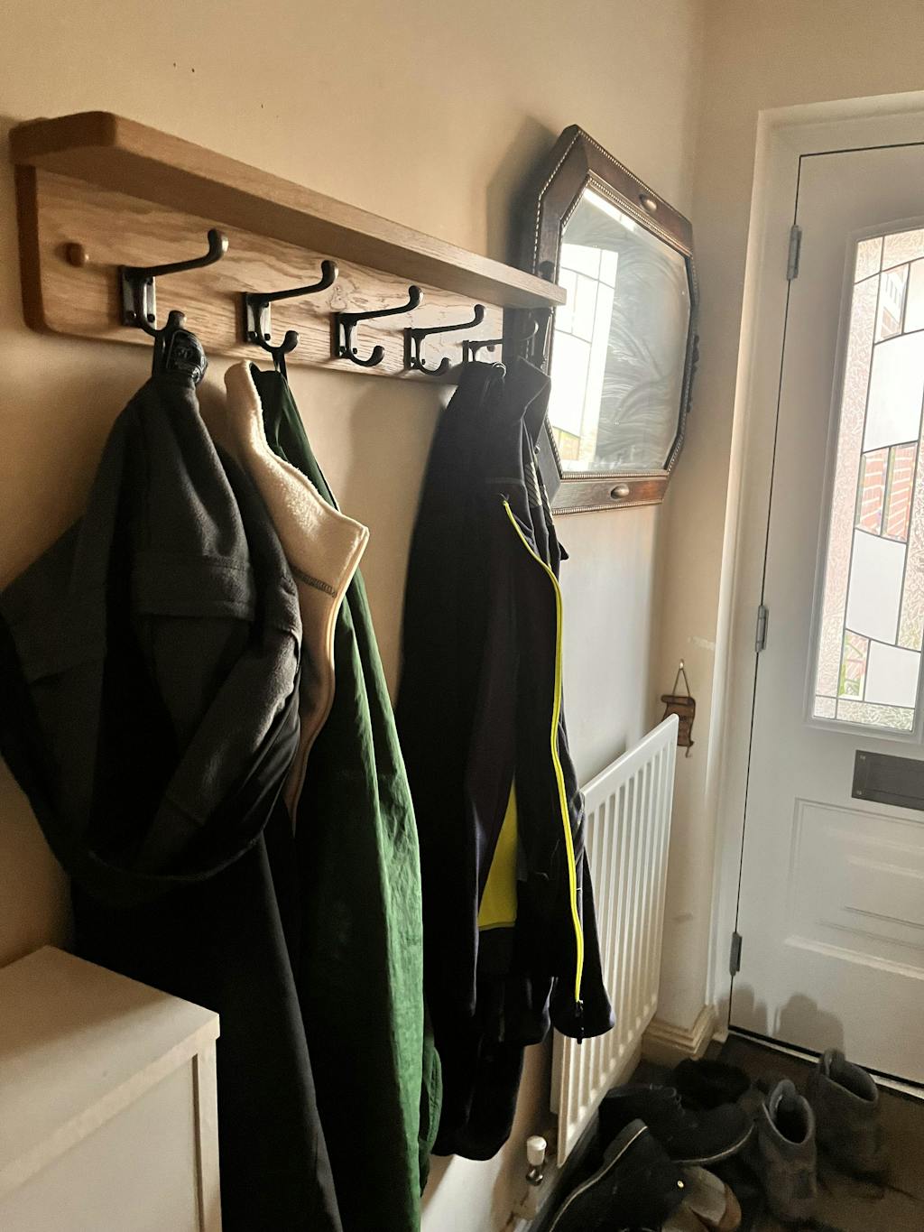 Oak Coat Rack with Integrated Shelf - Polished Cast Iron Double Hooks ...