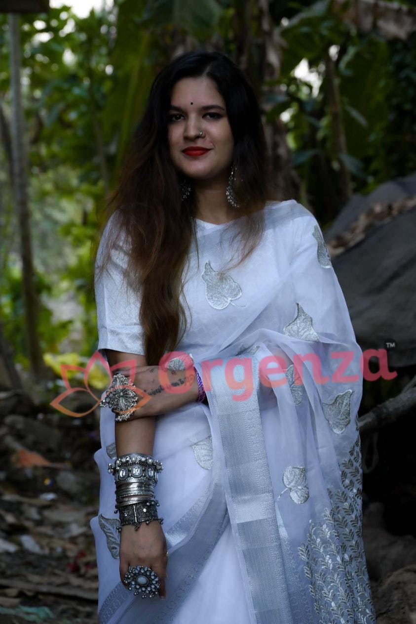 White Silver Organza Weaving Saree – Orgenza Store
