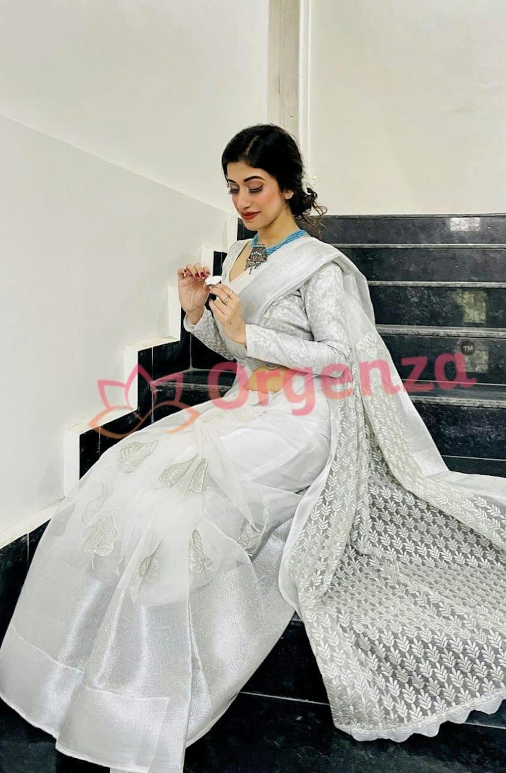 White Silver Organza Weaving Saree – Orgenza Store