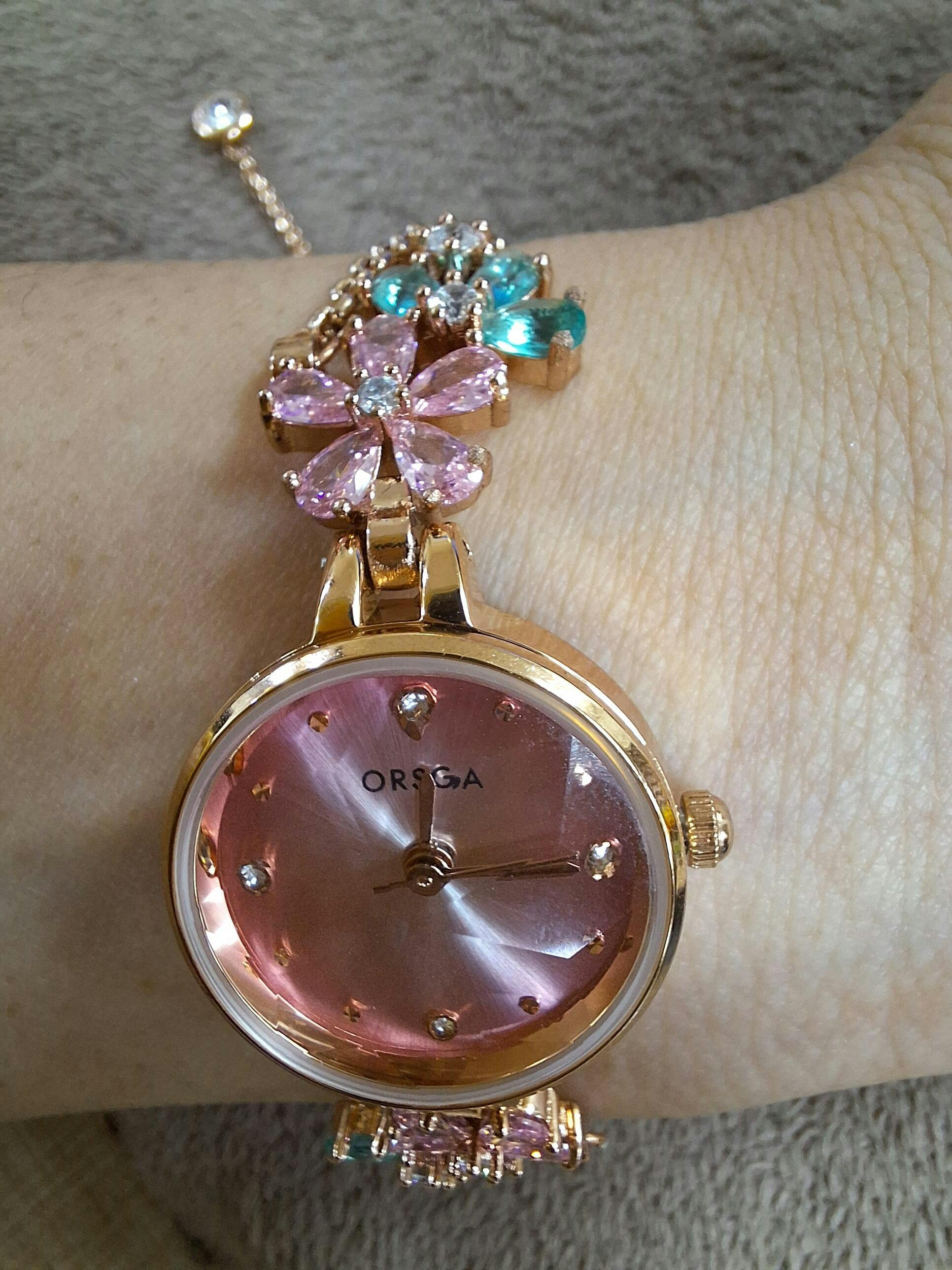 ORSGA FLEUR Pink Green Dial Flower Chain Bracelet Watch