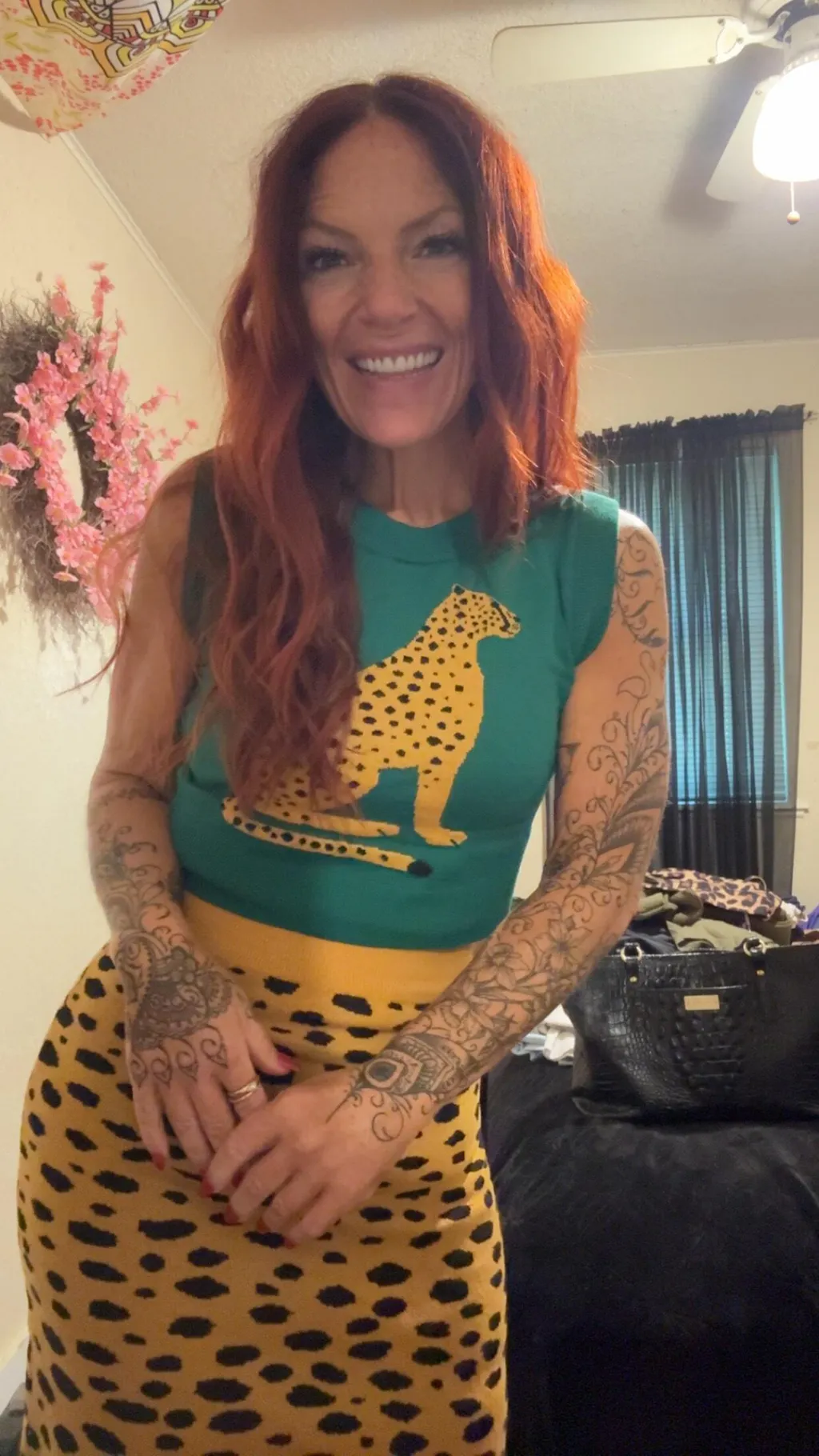 Women’s Green Leopard Print Knit Set with Cheetah Graphic – Crop Top ...
