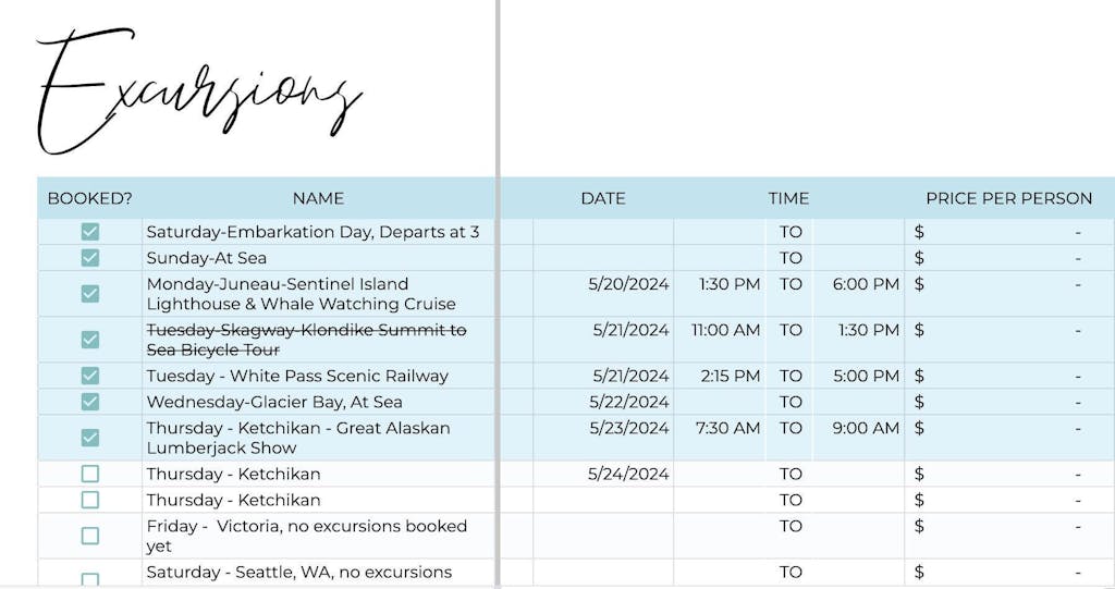 Cruise Planner Spreadsheet for Google Sheets – Palm & Grace