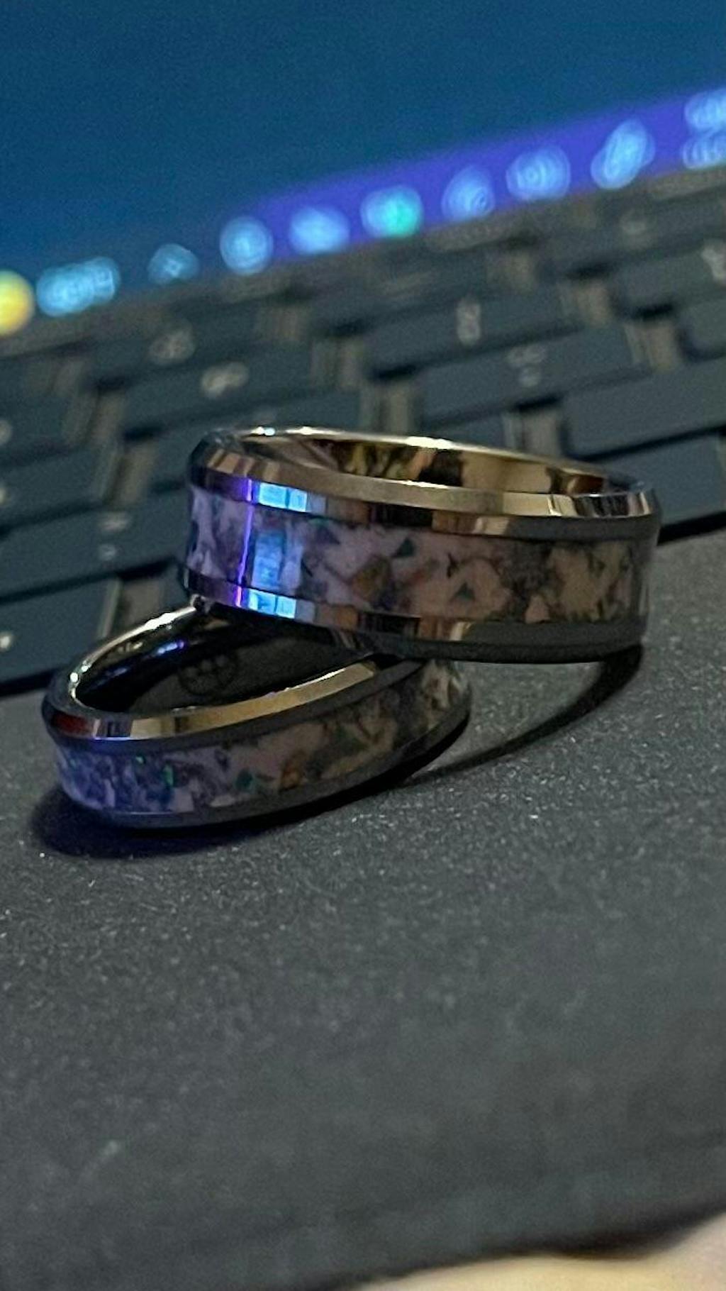 Matching Cosmic Glowstone Wedding Ring Set in Tungsten | Patrick Adair ...
