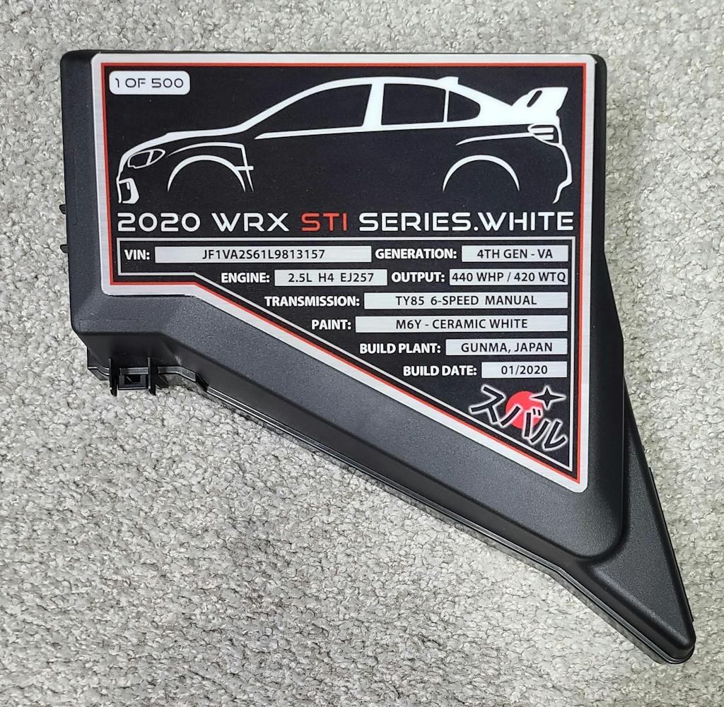 2020 SUBARU WRX STI SERIES.WHITE Engine Bay Build Plaque – Pixel Autoworks