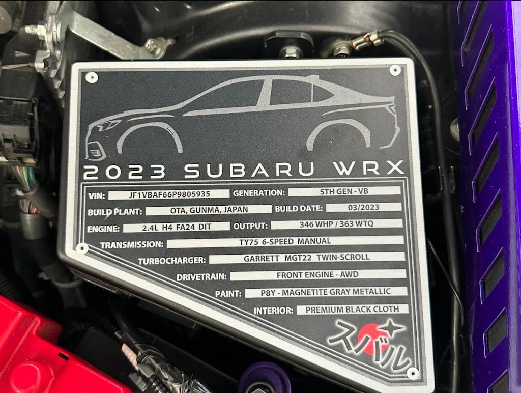 2022 SUBARU WRX Engine Bay Build Plaque – Pixel Autoworks