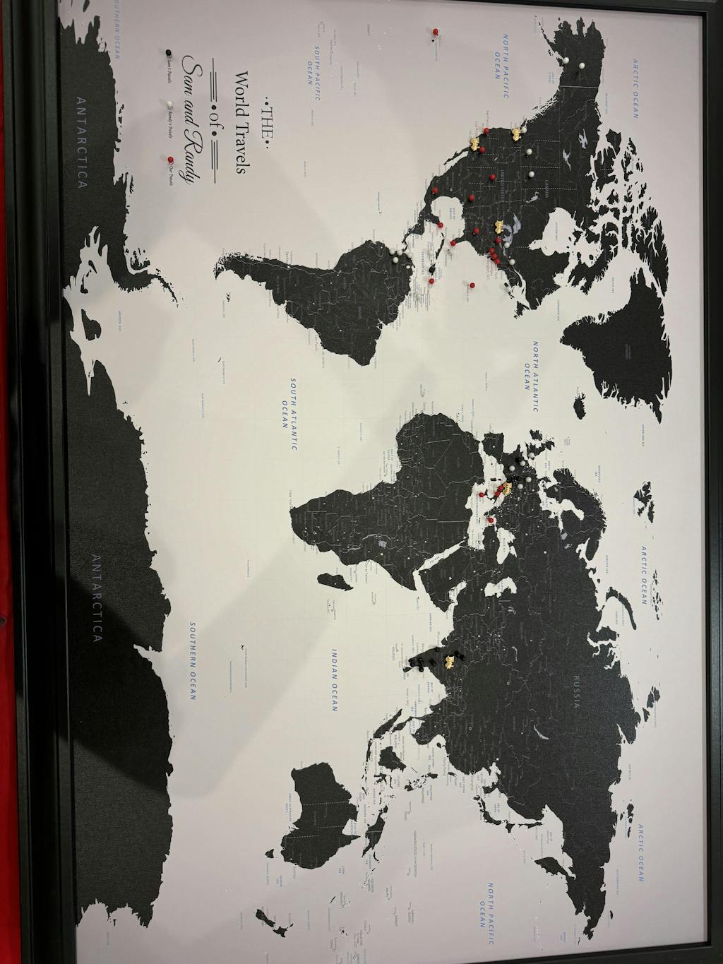 Black Ice World Map | Black and White Canvas World Map – Push Pin ...