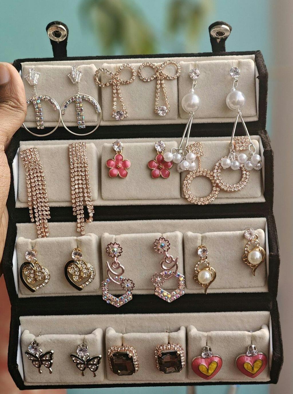 Set Of 12 Oxidized Designer Stud Earrings With Folding Jewelry Box ...