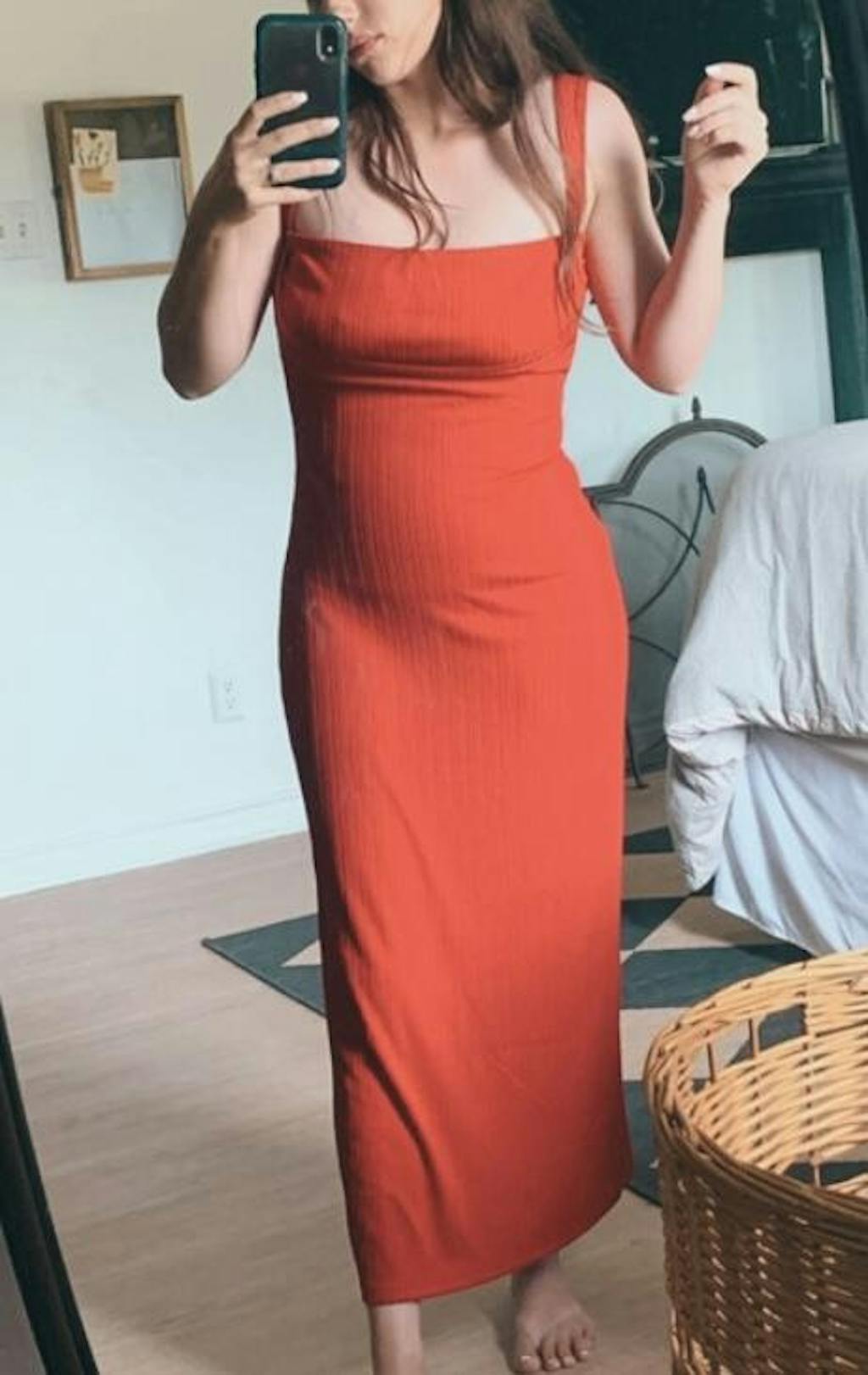 The Red Square Neck Ribbed Midi Dress - Red Ribbed Knit Bodycon Midi ...