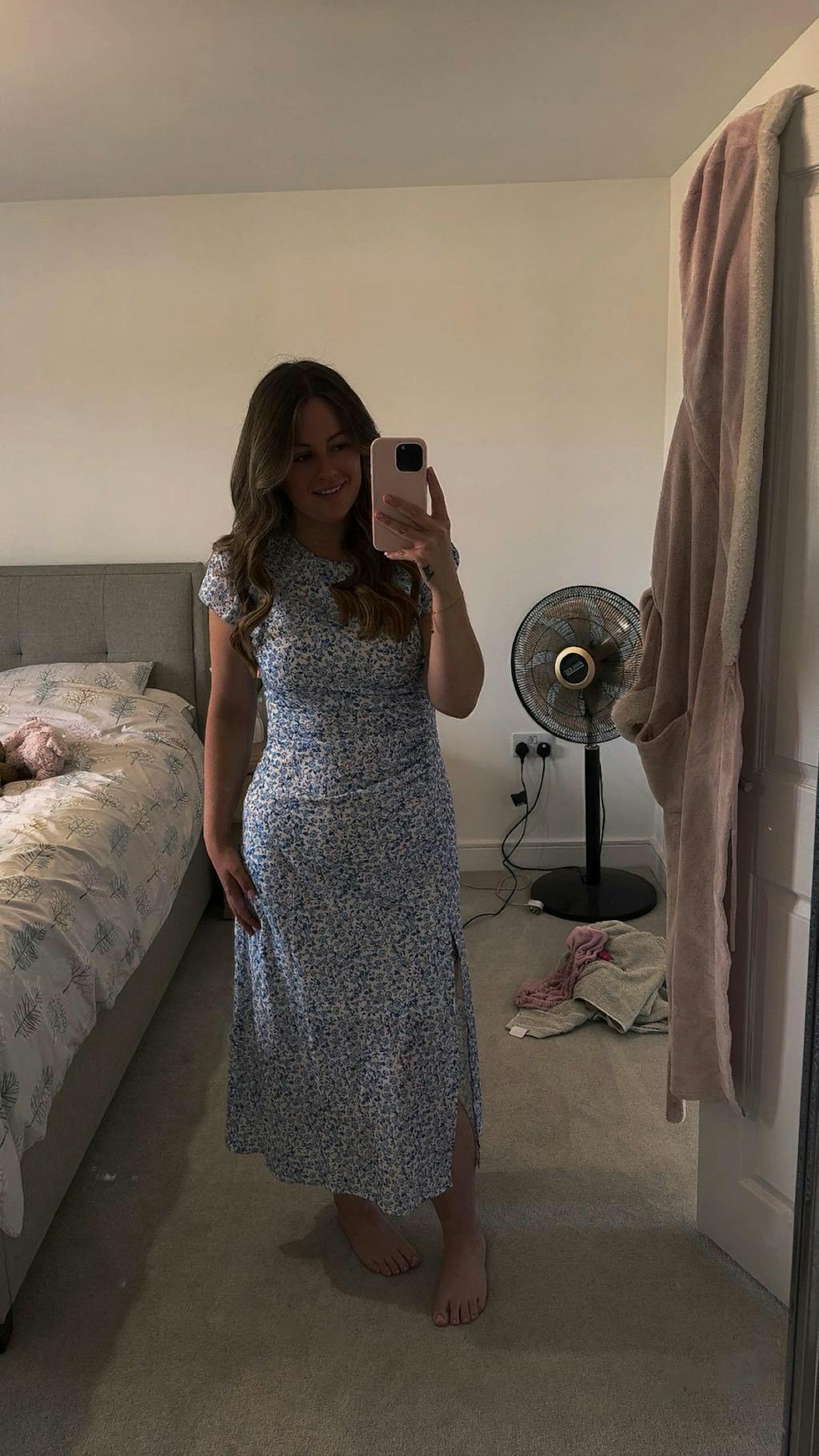 The Blue Round Neck Floral Slit Midi Dress & Reviews - Blue- Dresses ...