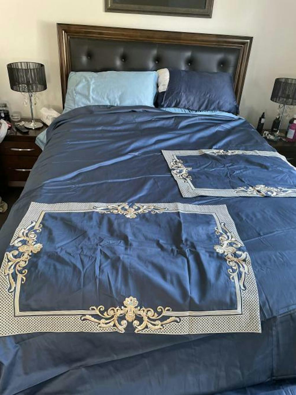 Midnight Blue Golden Jacquard Duvet Cover Set Luxury Designer Bedding ...