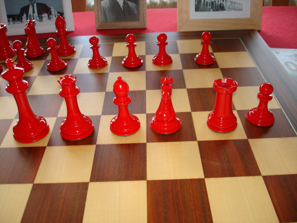 1849-50 Leuchars Cook Ivory & Crimson Lacquer Chess Pieces