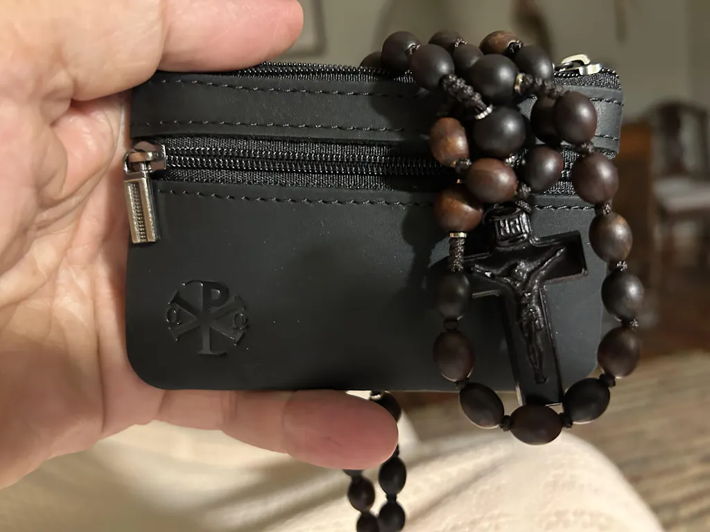 Leather Rosary Pouch - Chi Rho Black Leather Zipper Case - Rugged Rosaries®