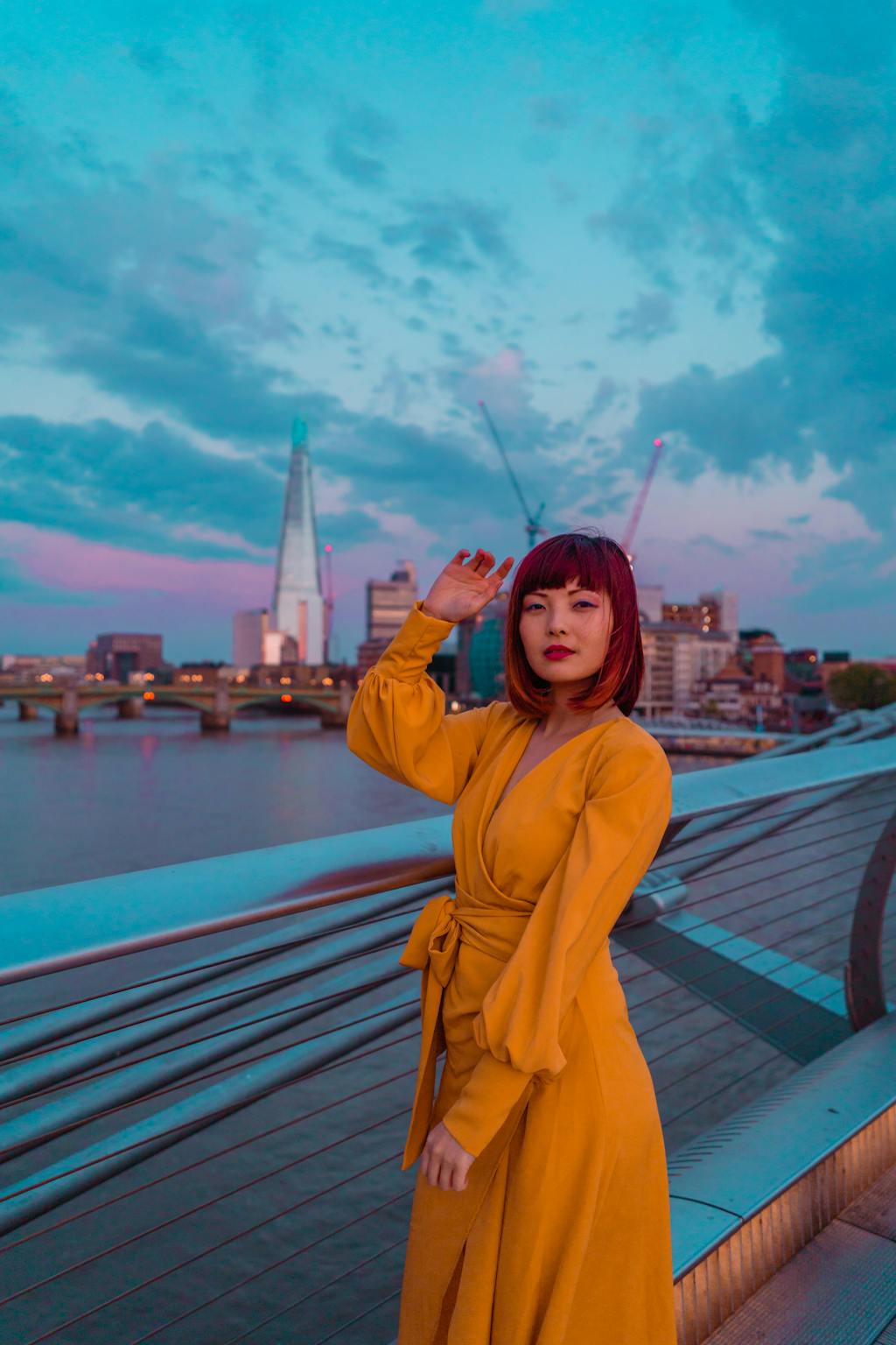 Mustard Wrap Dress With Tie Waist & Balloon Sleeves By Sarvin