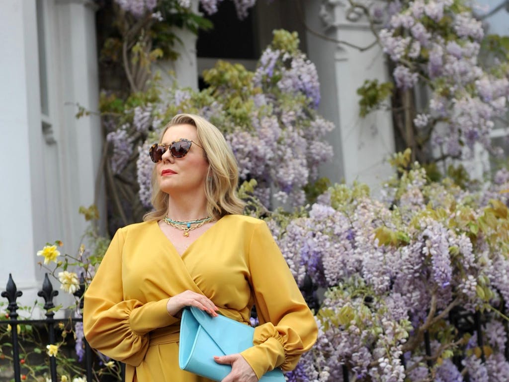 Mustard Wrap Dress With Tie Waist & Balloon Sleeves By Sarvin