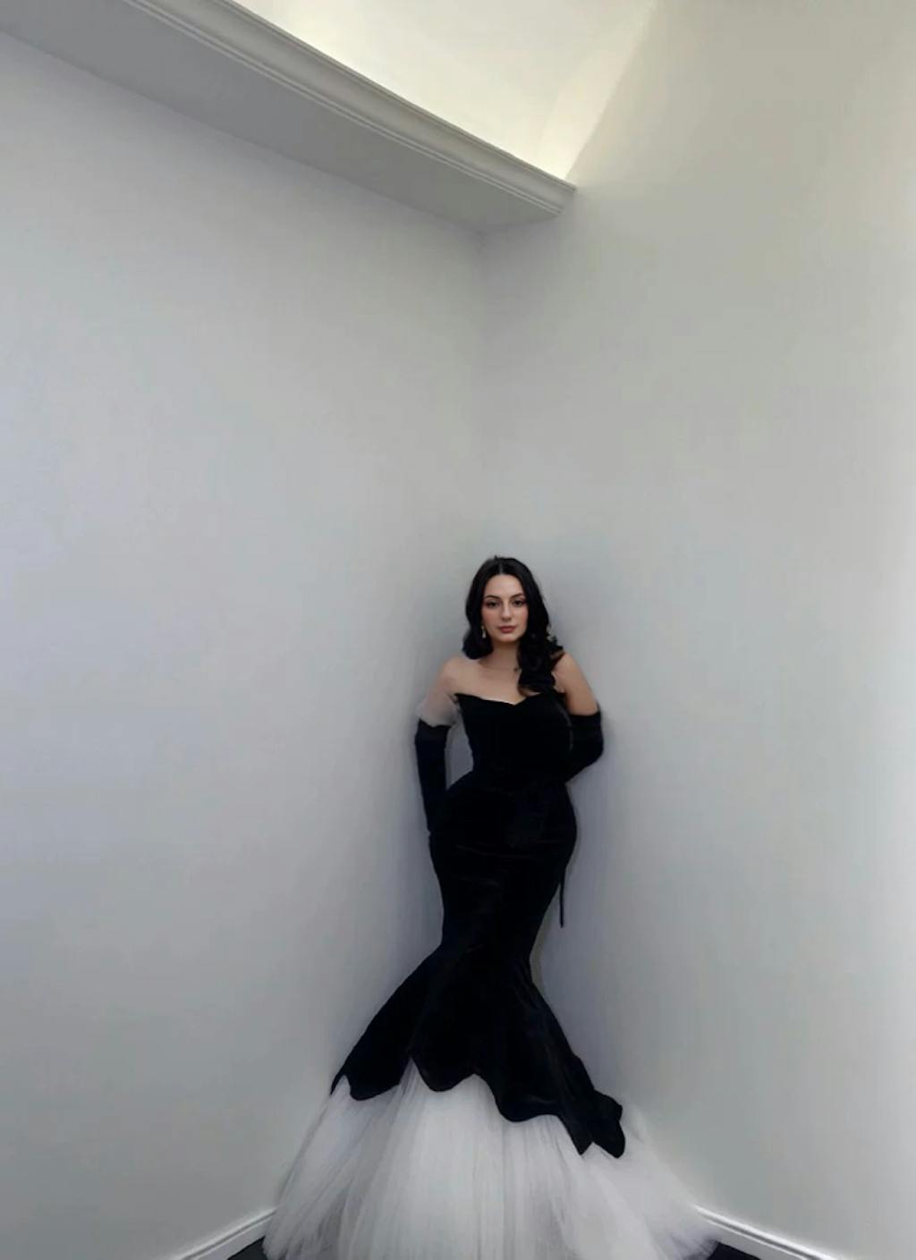 Herpben style strapless black velvet white tulle mermaid prom dress ...