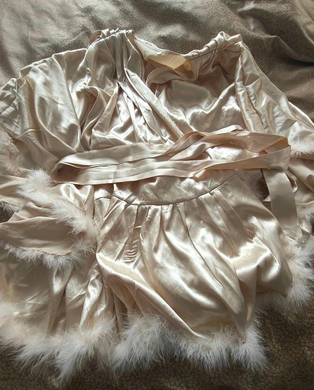 Silky satin faux turkey fur feather fringe short robe dress costume ...