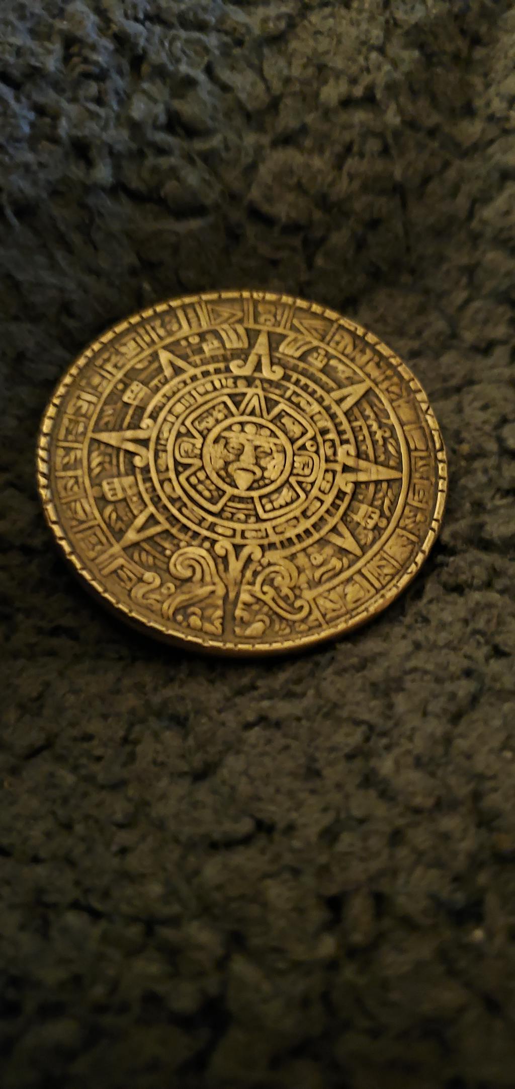 The Sun and Moon Worry Coin - Aztec Sun Stone Calendar and Moon