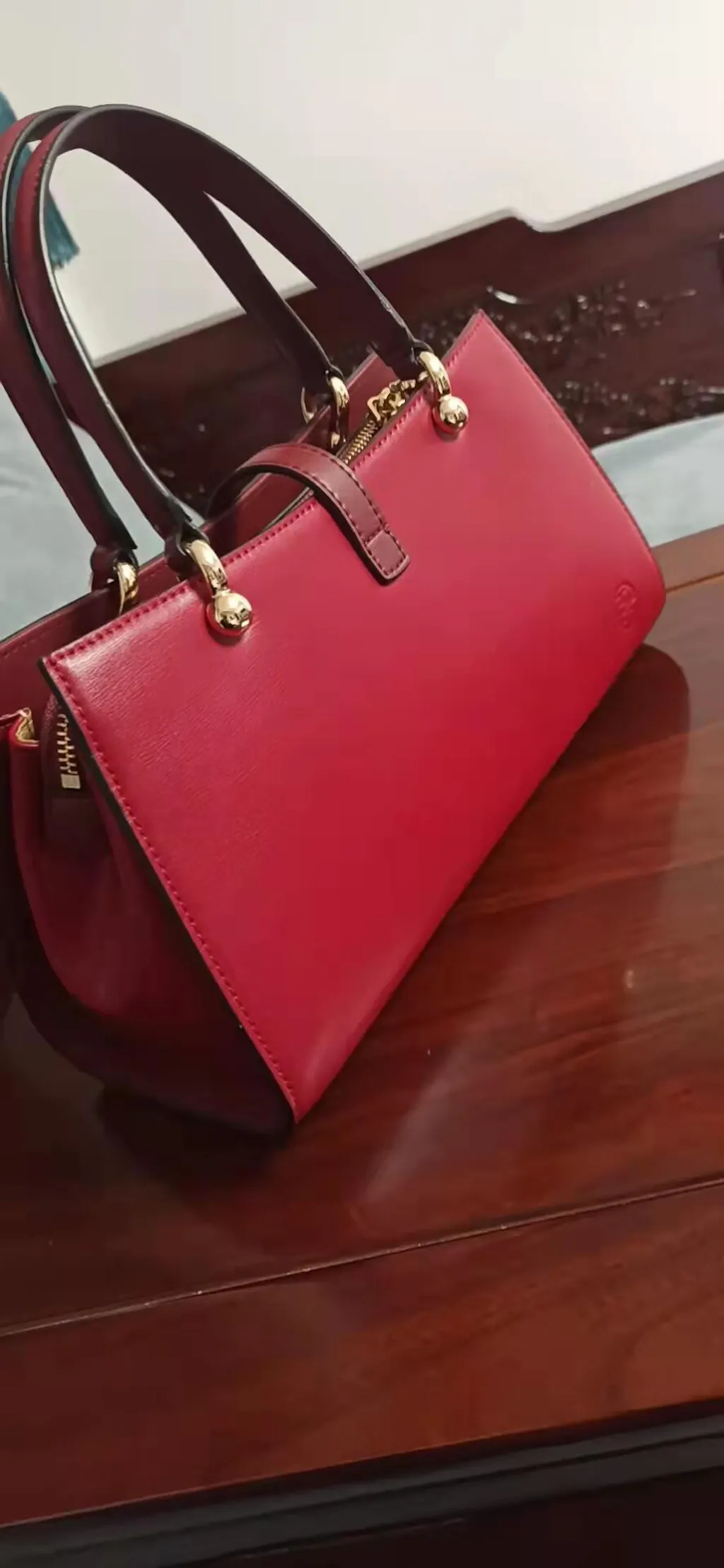 Luxury Artisan Red Magnolia Embroidered Leather Handbag - Gift for Her