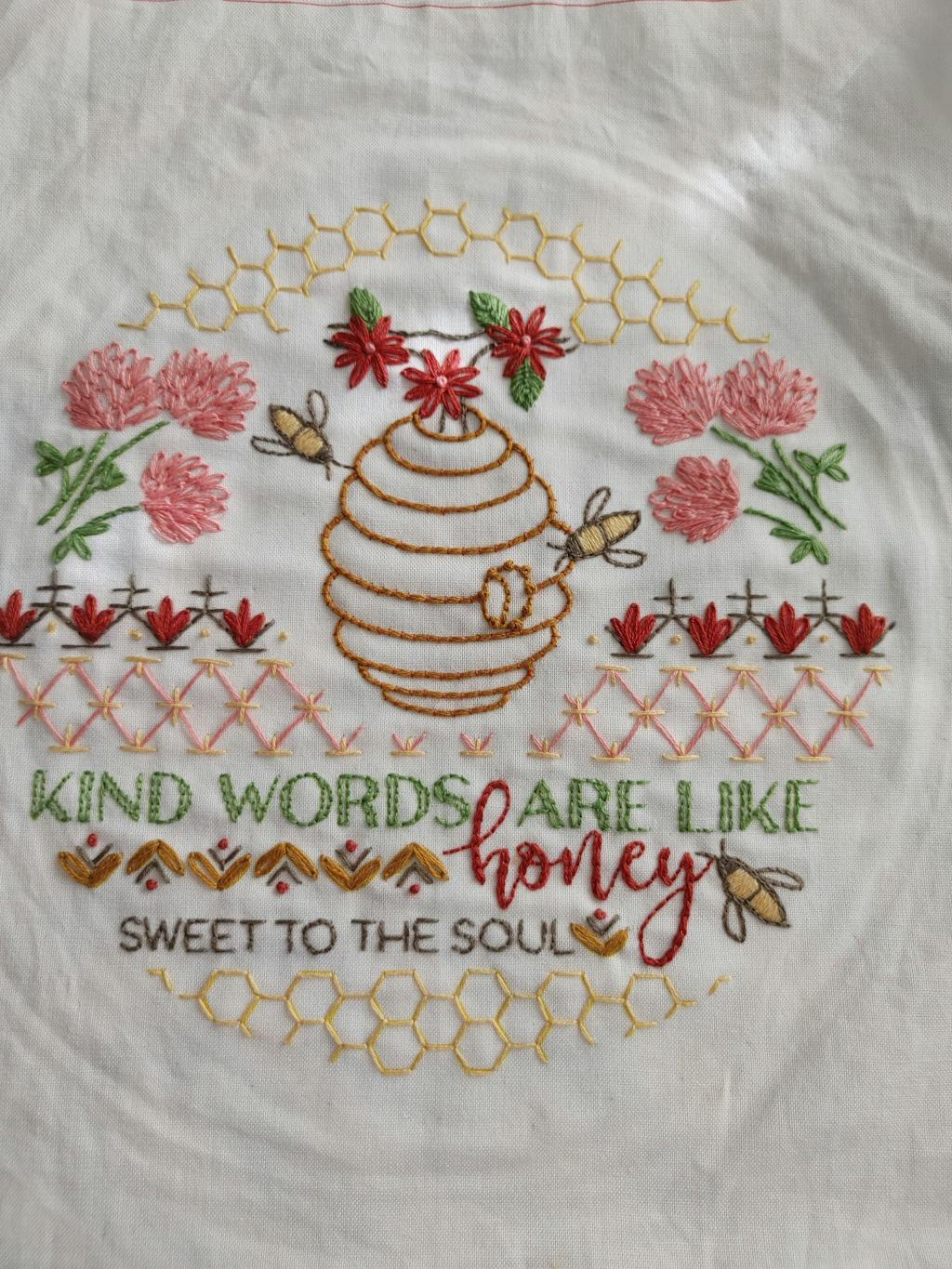 Beginner Beehive Embroidery Pattern Pre Printed Fabric Panel by Stitched Stories, 8 in, Cotton