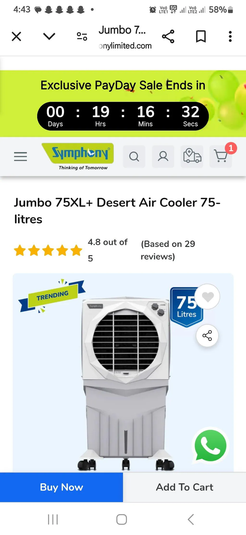 Jumbo 75XL+ Desert Air Cooler 75-litres - Symphony Limited