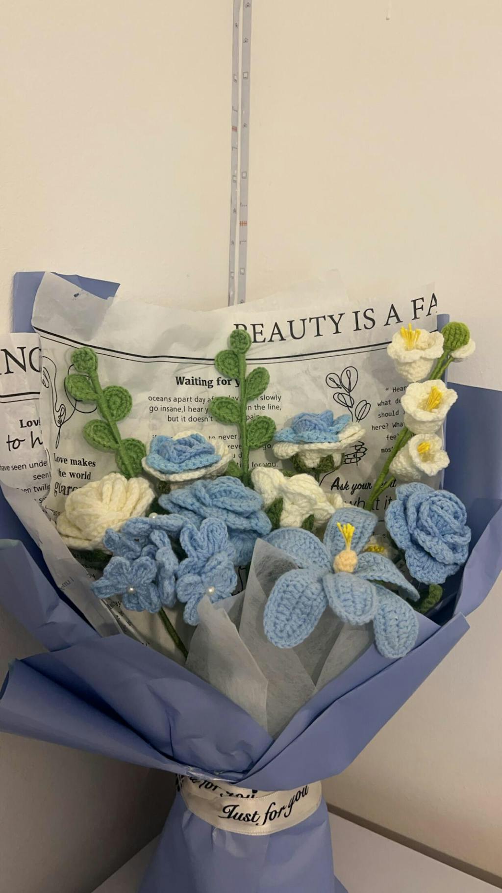 Handmade Crocheted Blue Flower Bouquet with Roses, Lilies, Eucalyptus ...