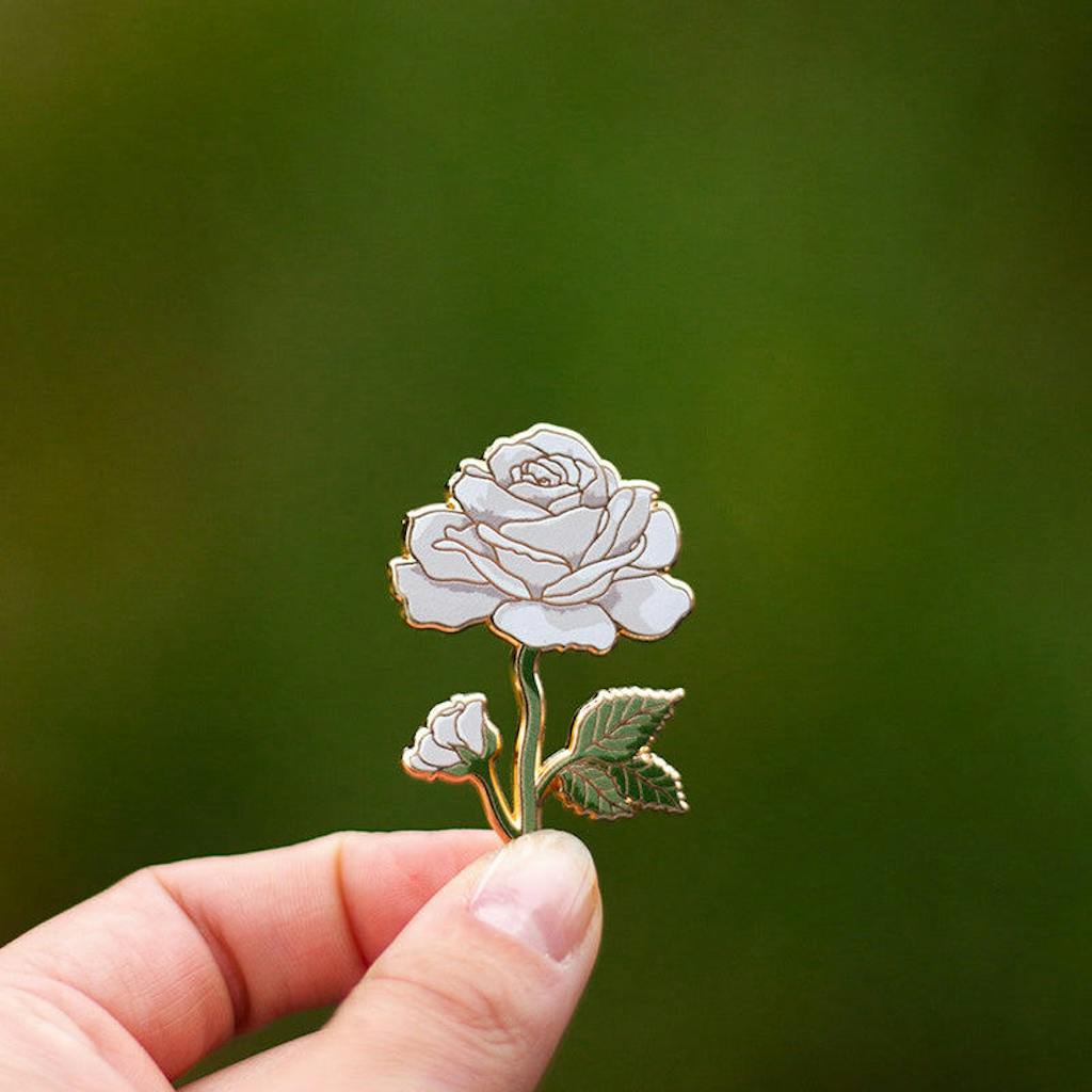 White Rose Floral Enamel Pin | The Gray Muse - Pin Gift Shop