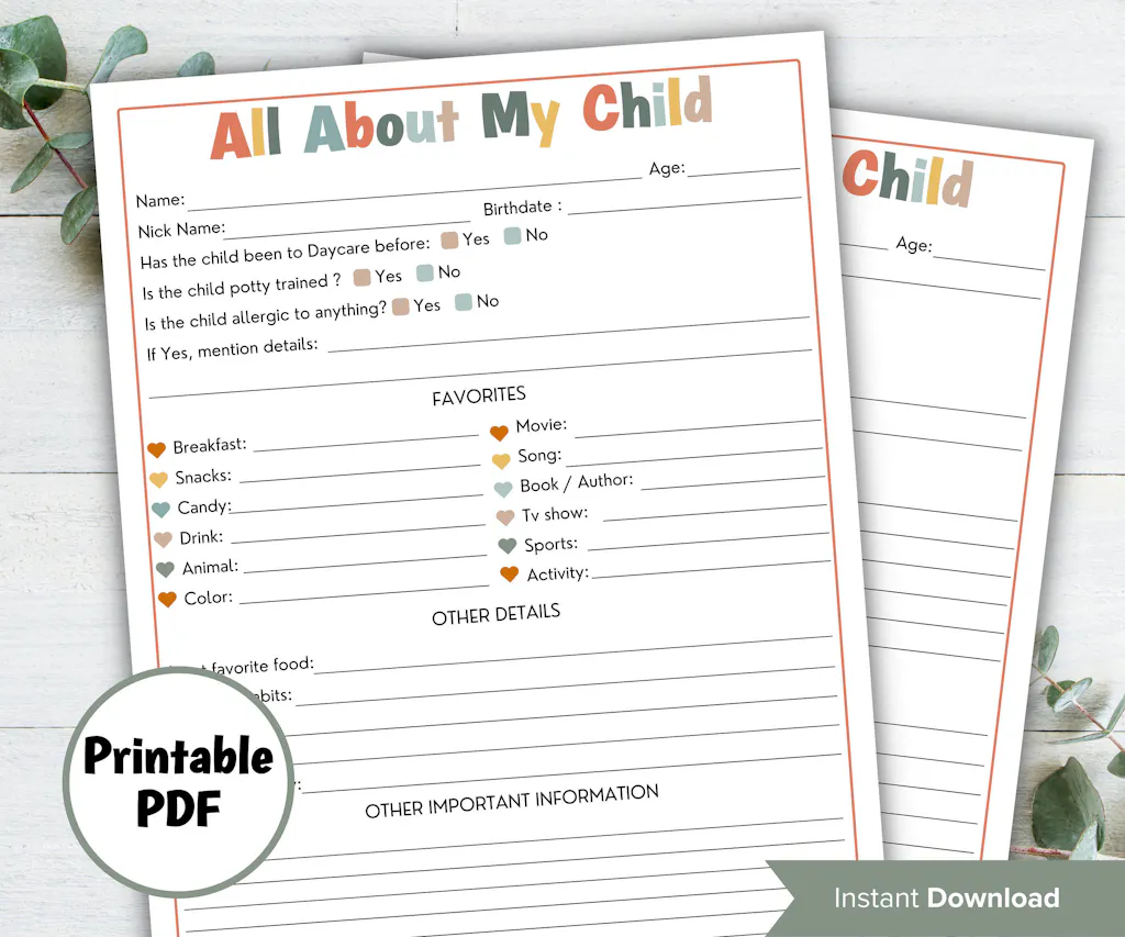 Daycare All about me printable I Preschool s I Daycare application I ...