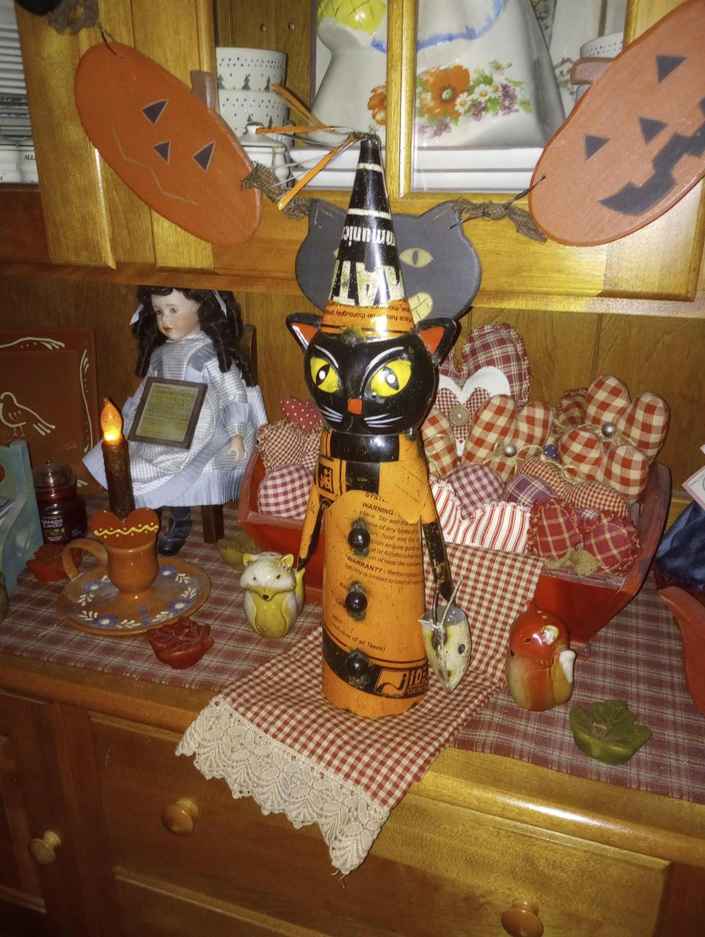 Primitive Halloween Recycled Metal Black Cat with Skull Pail 16.5 ...