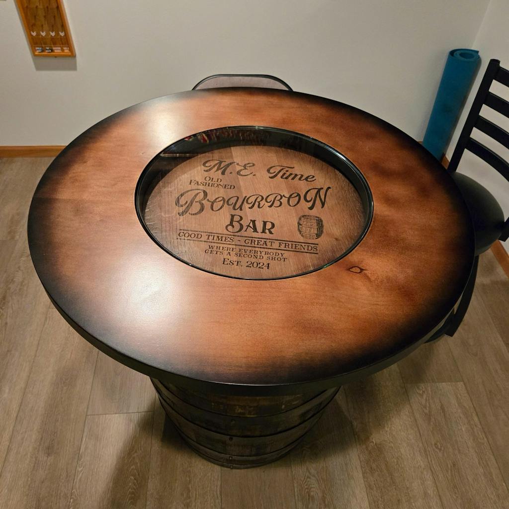 Custom made Bourbon Barrel Bistro/Pub Table Table with glass insert- C ...