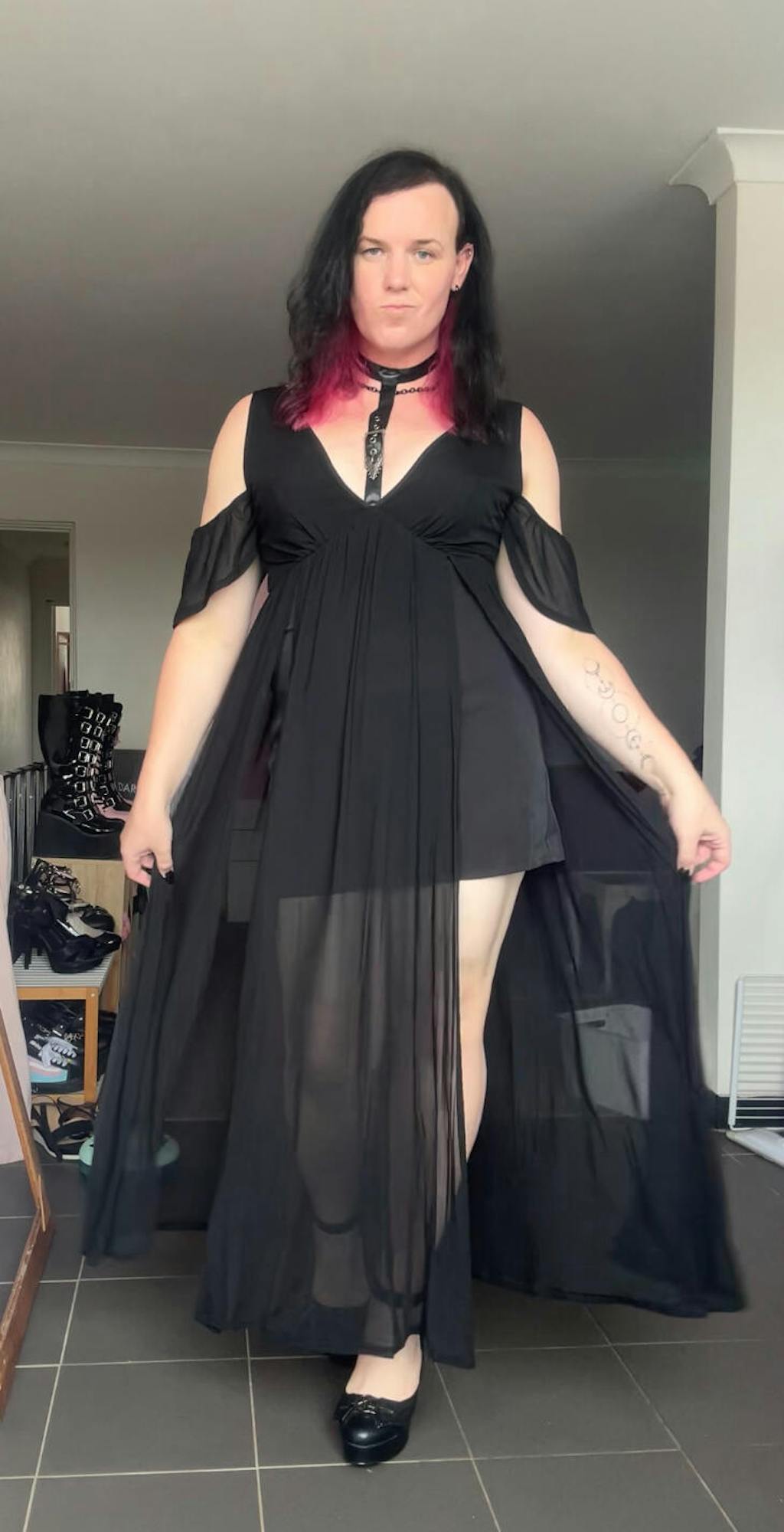 Gothic Lilith Maxi Dress by Restyle with Harness and Mesh Skirt