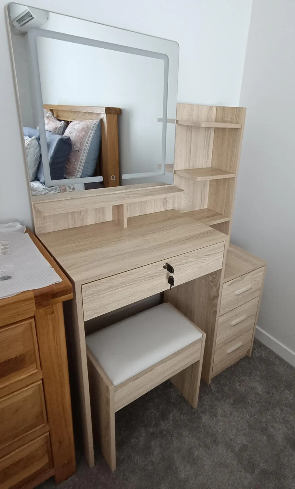 GARDENIA 2 Piece Dressing Table with Mirror & Stool Set - Oak – Treasurebox