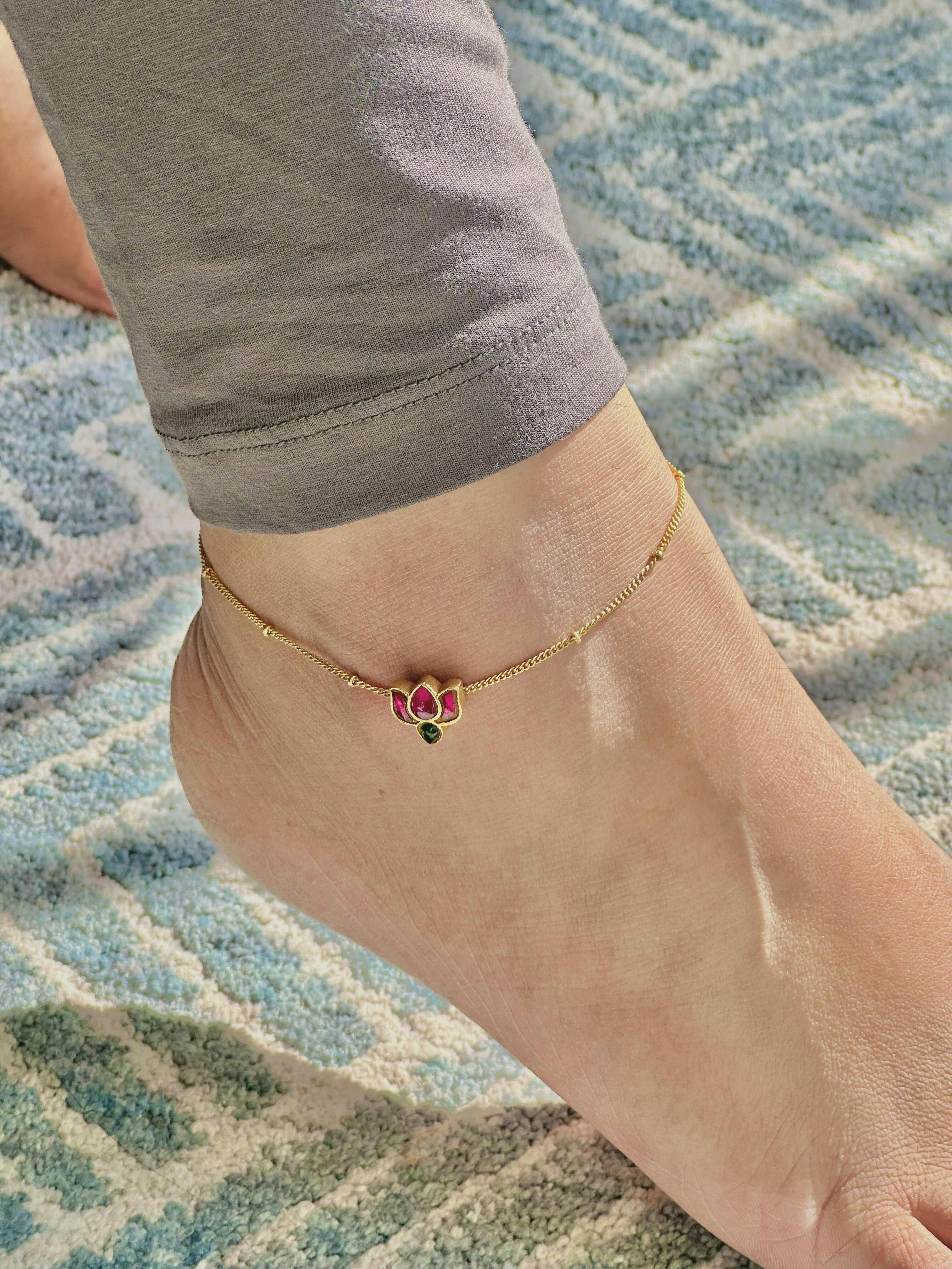 Silver Kundan Lotus Anklet Online - Unniyarcha