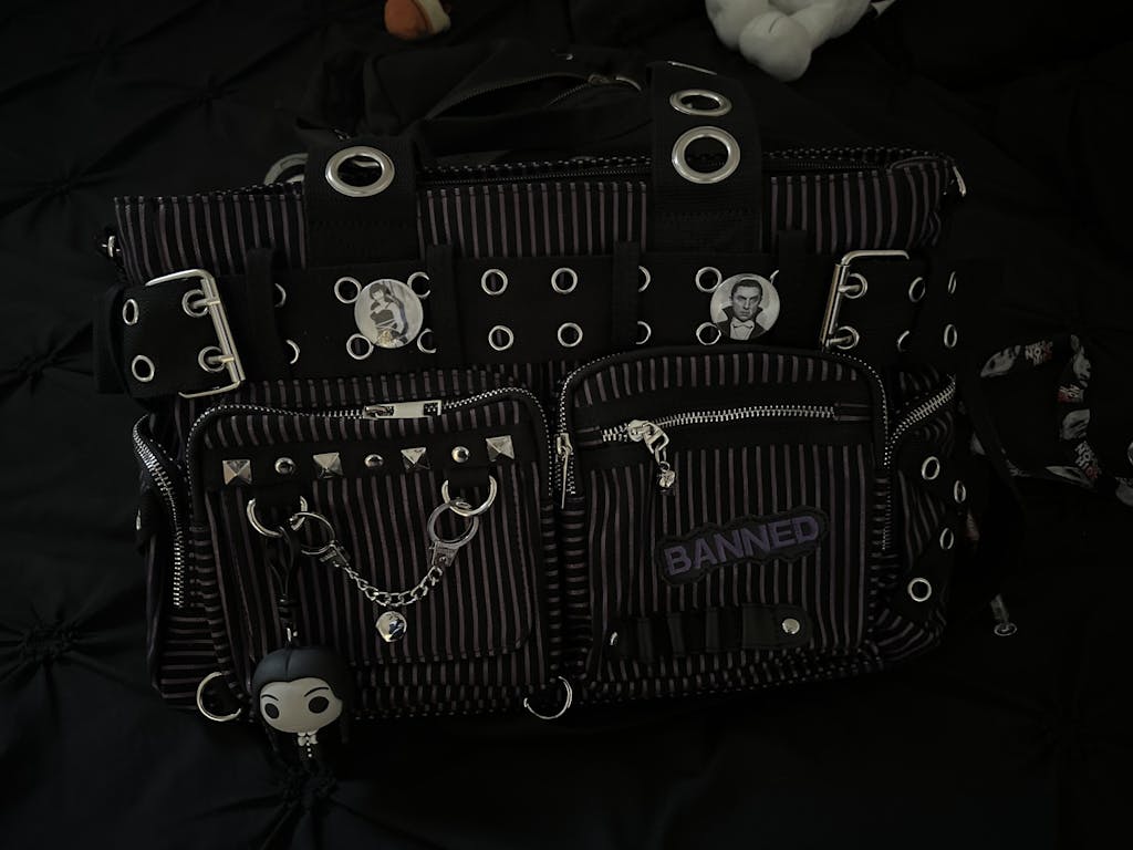 Purple Prison Stripes Handcuff Handbag [BLACK/PURPLE] – VampireFreaks