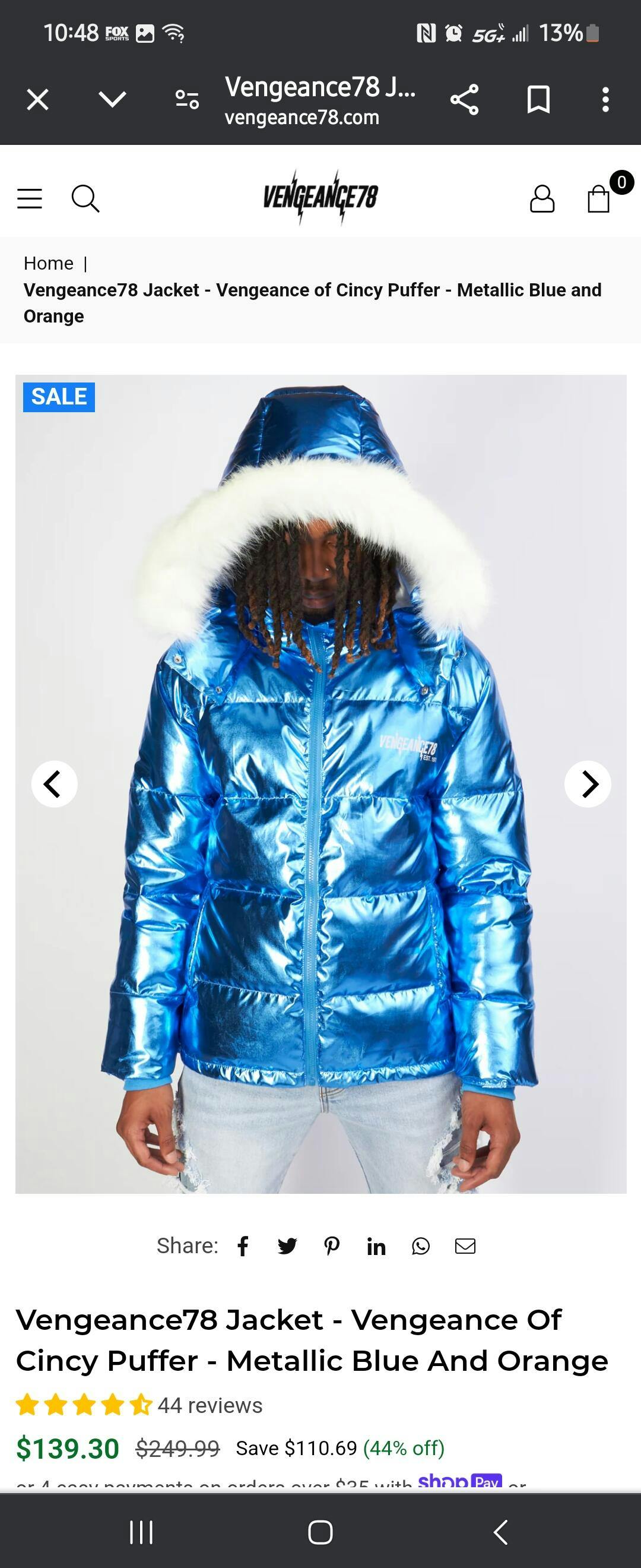 Vengeance78 Jacket - Vengeance of Cincy Puffer - Metallic Blue and Ora