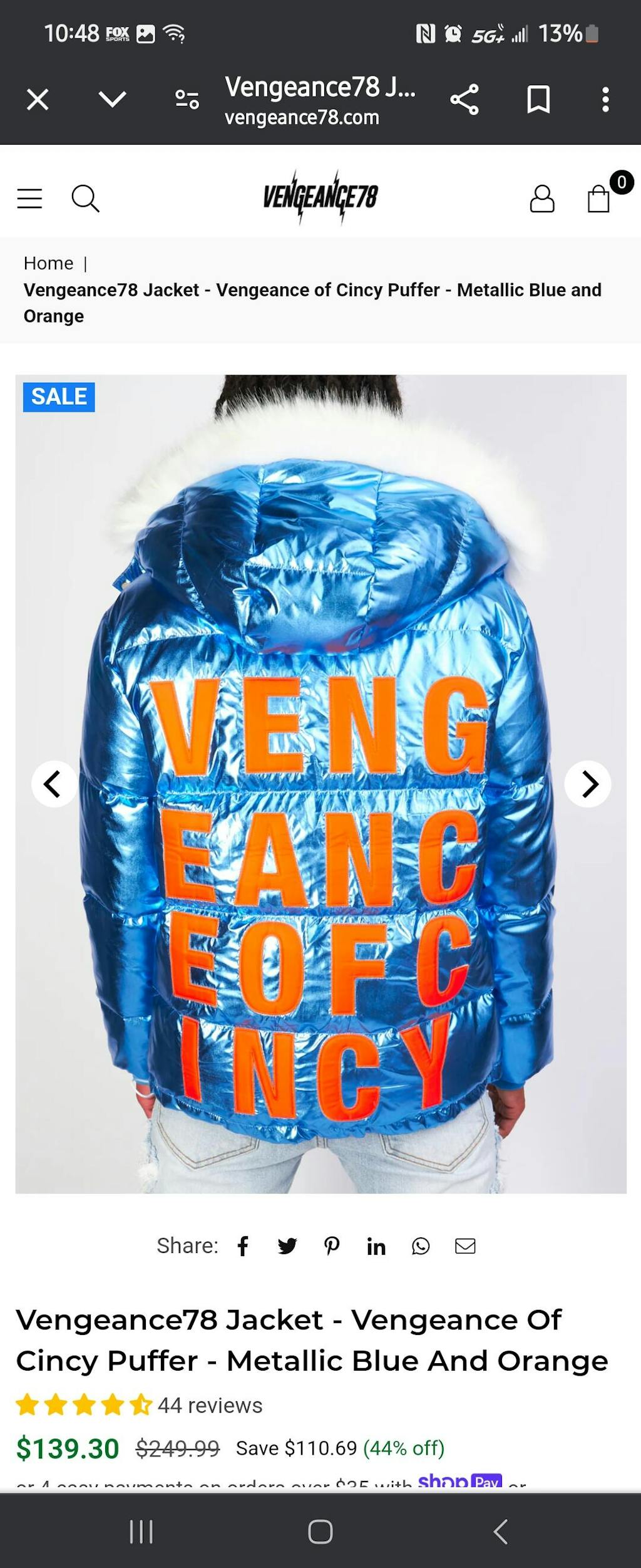 Vengeance78 Jacket - Vengeance of Cincy Puffer - Metallic Blue and Ora