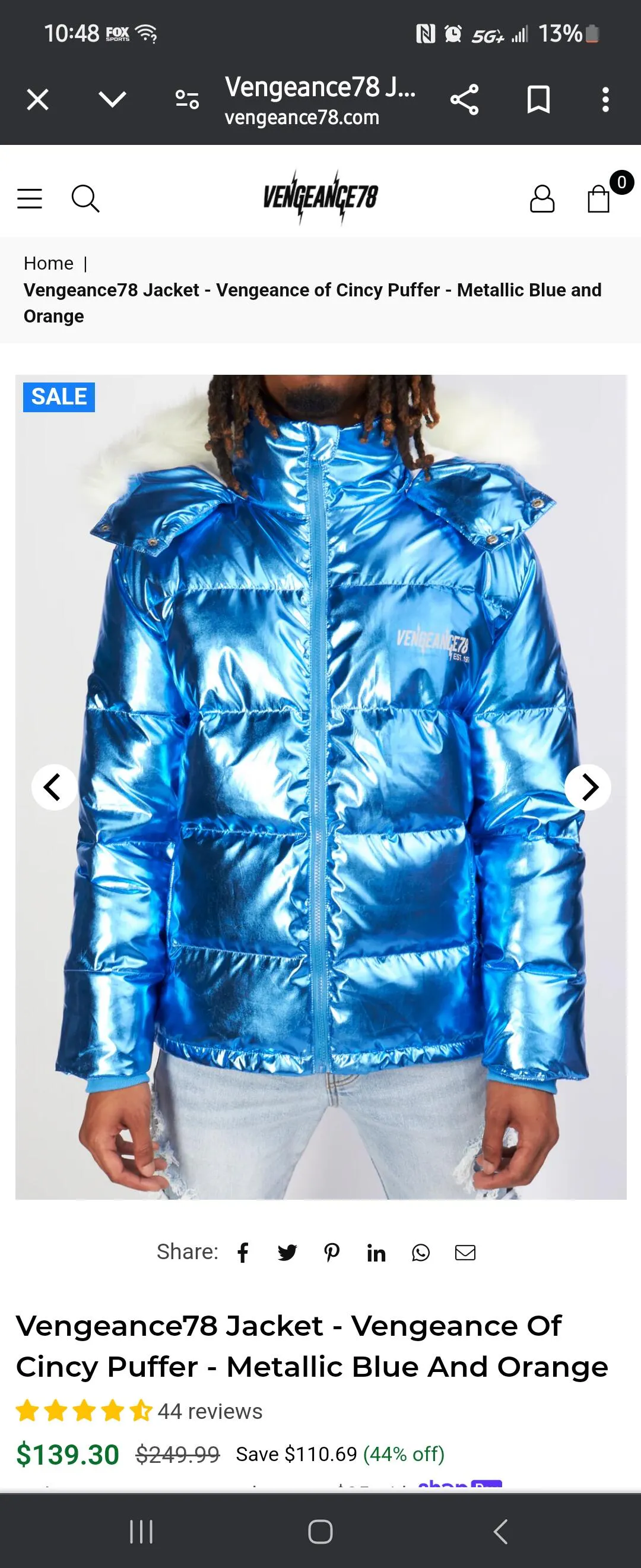 Vengeance78 Jacket - Vengeance of Cincy Puffer - Metallic Blue and Ora