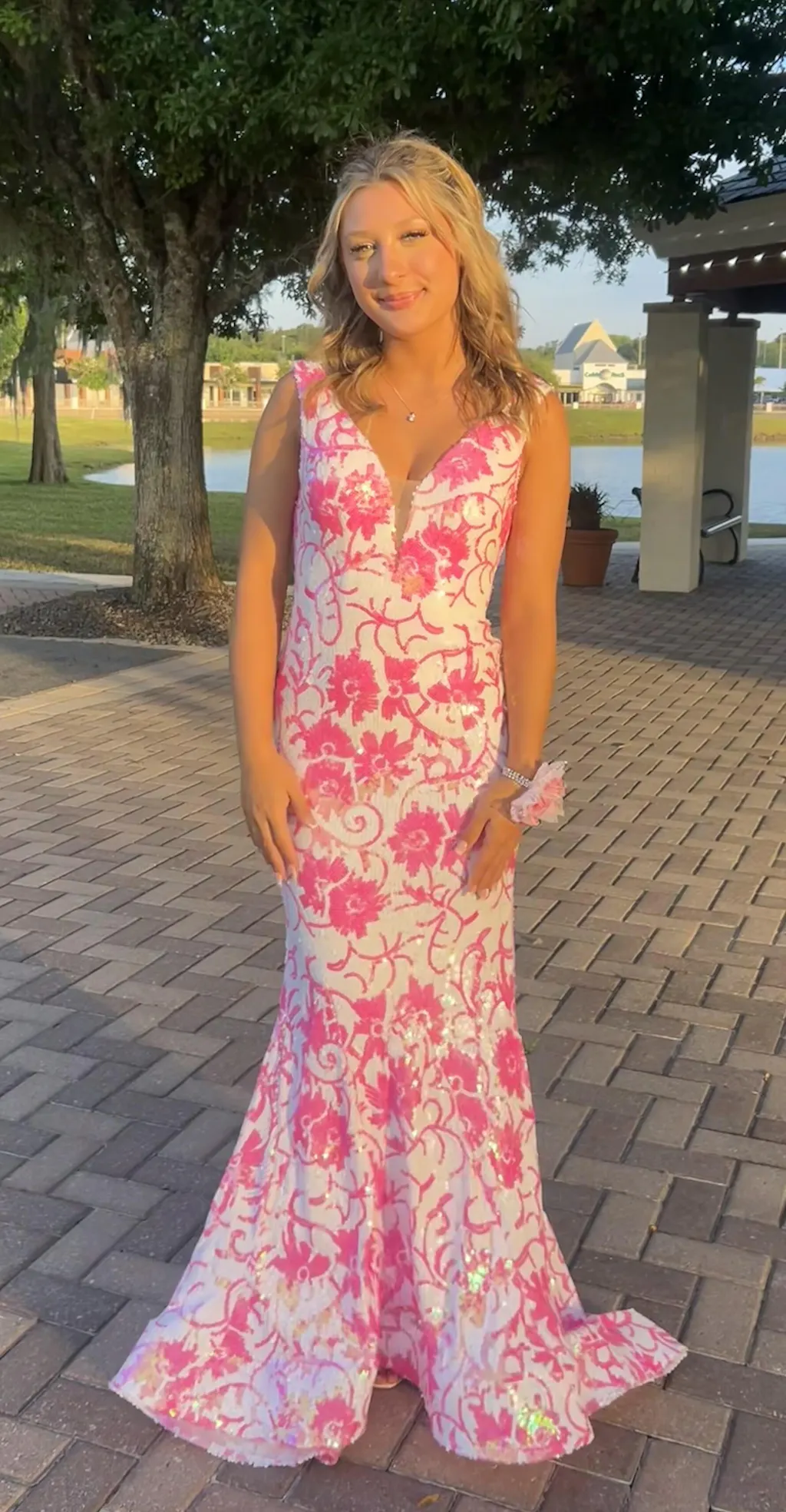 Pink V Neck Sequin Lace Mermaid Prom Dress VK23120701 – Vickidress