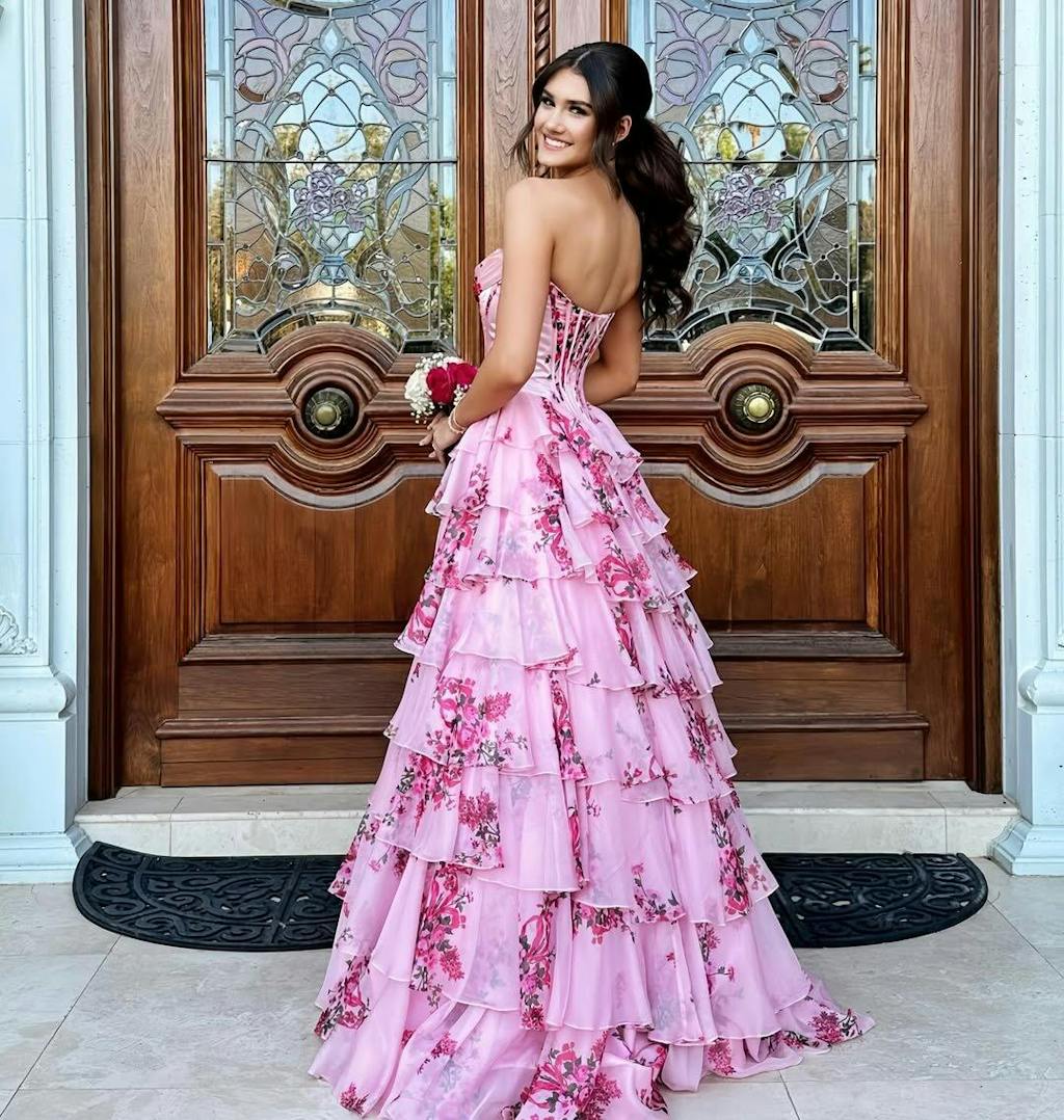 Sweet A Line Sweetheart Floral Printed Chiffon Tiered Prom Dresses with ...