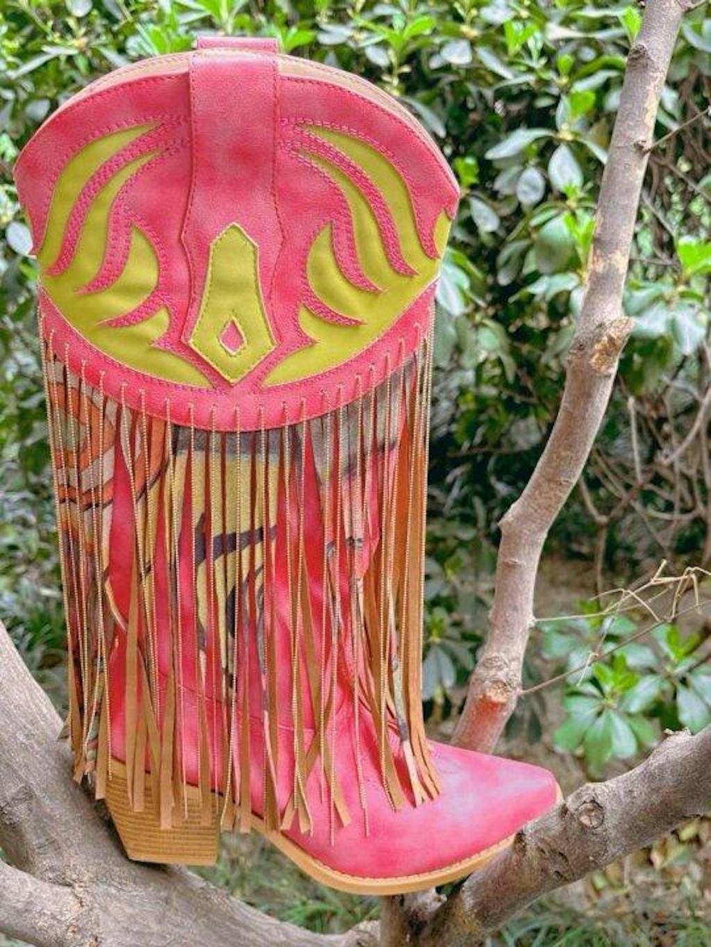Pink floral fringe womens cowboy boots with chain | WETKISS