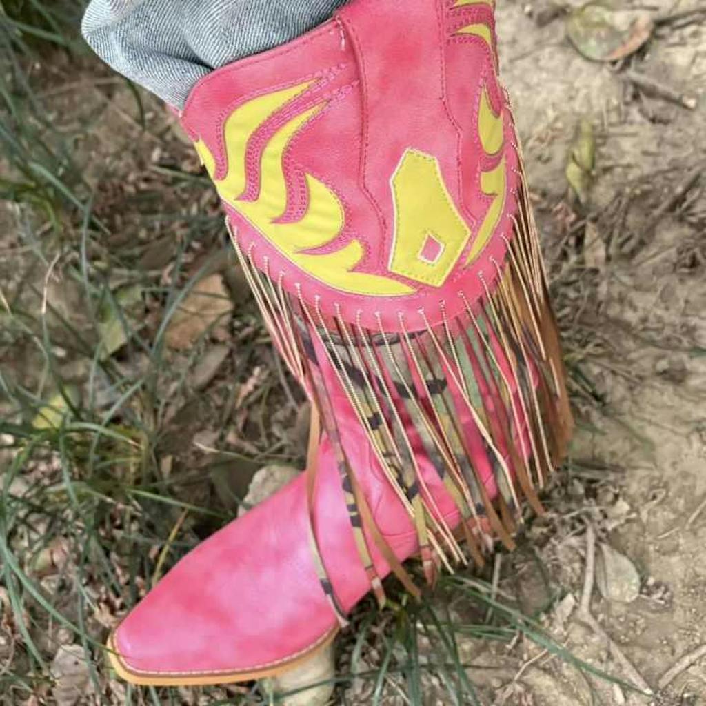 Pink floral fringe womens cowboy boots with chain | WETKISS