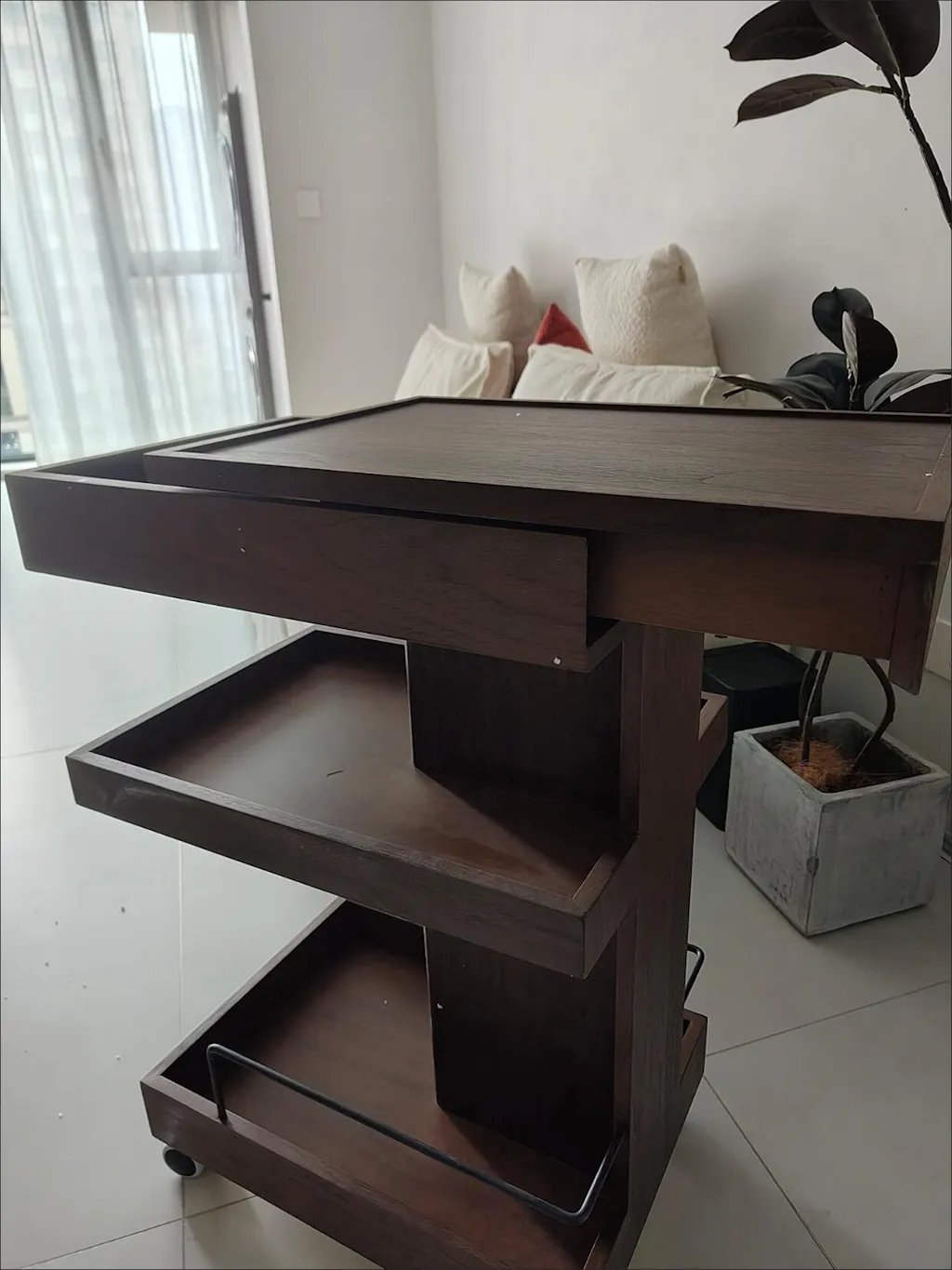 Livingroom Movable Walnut Finish Coffee Table Trolley Cars Vintage Bar ...