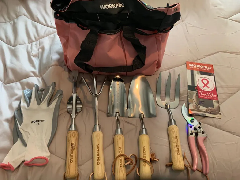 WORKPRO Pink Garden Tools Set, 7 Piece, Stainless Steel Heavy Duty Ga