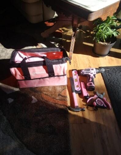 WORKPRO 12V Cordless Drill and Home Tool Kit with 14-inch Storage Bag